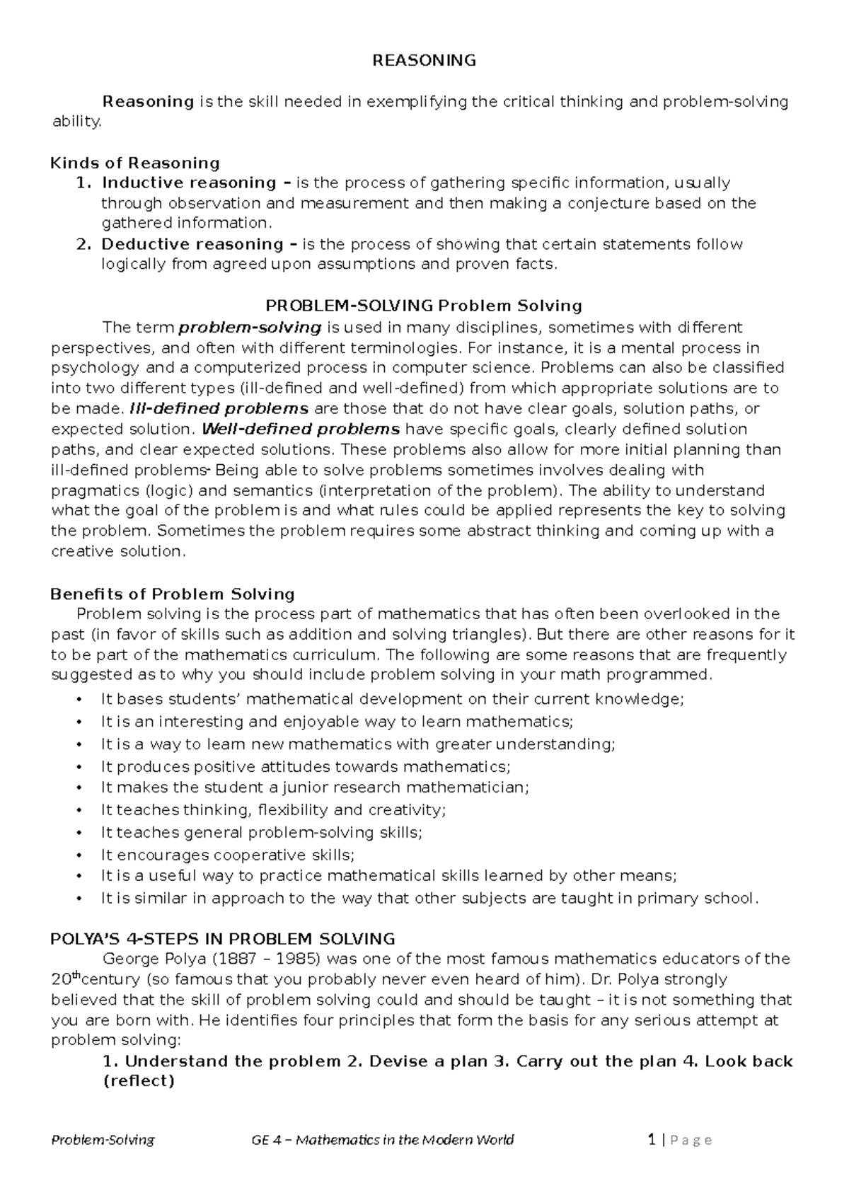 Polya's 4-Step Problem Solving Process: Mastering Math Challenges - Studocu