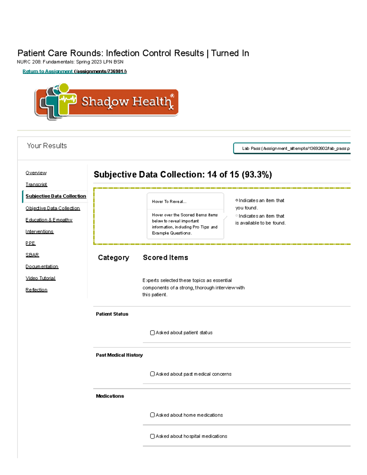 NURC 208: Patient Care Rounds on Infection Control Subjective Data ...