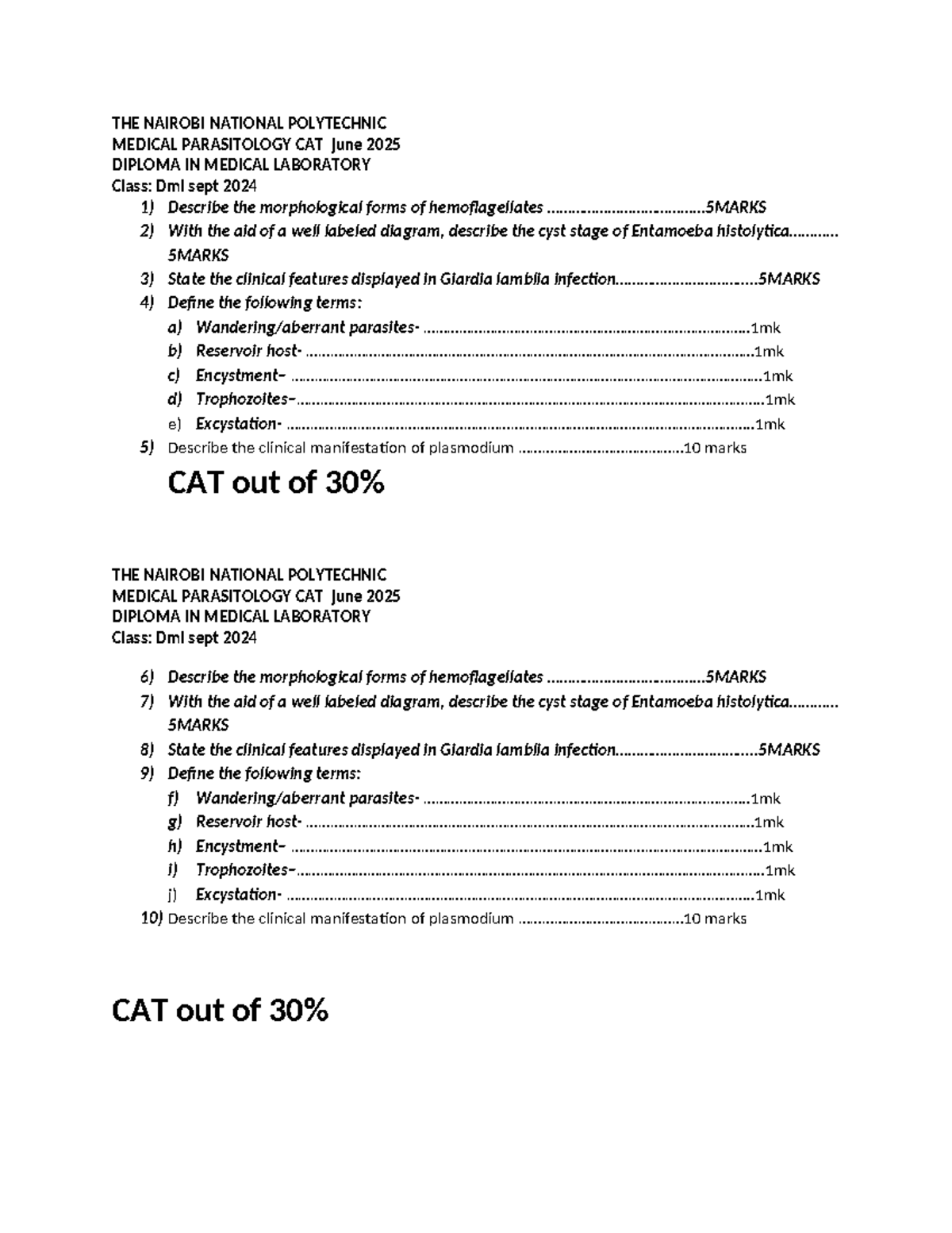 DML Sept 2024 Medical Parasitology CAT Revision Notes 2025 - Studocu