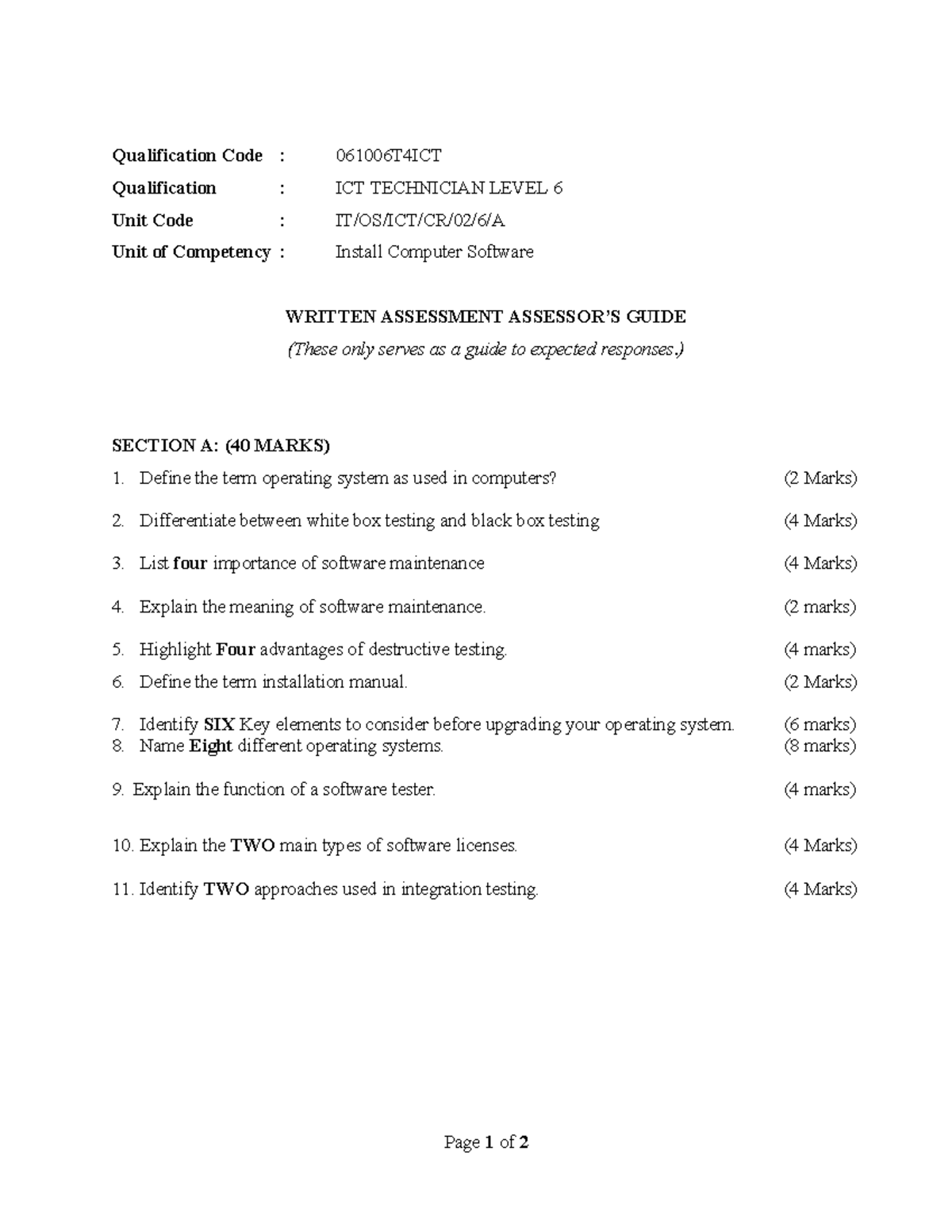 ICT TECHNICIAN LEVEL 6: Install Software Assessment Guide - Studocu