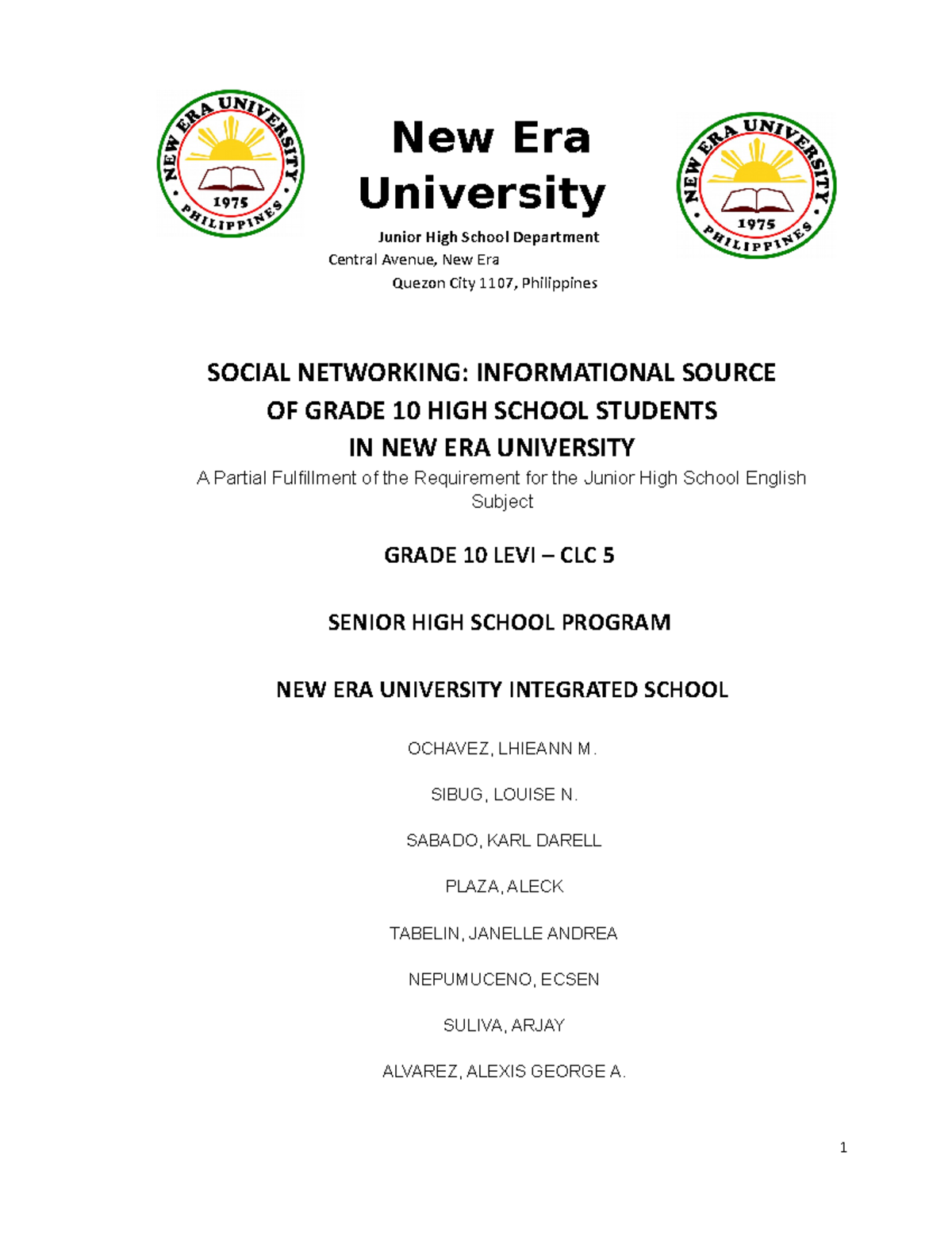 CLC-5-Research-Paper - New Era University Junior High School Department Central Avenue, New Era ...