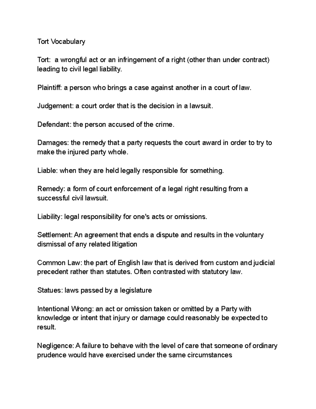 Tort Law Vocabulary - Essential Terms for Understanding Liability - Studocu
