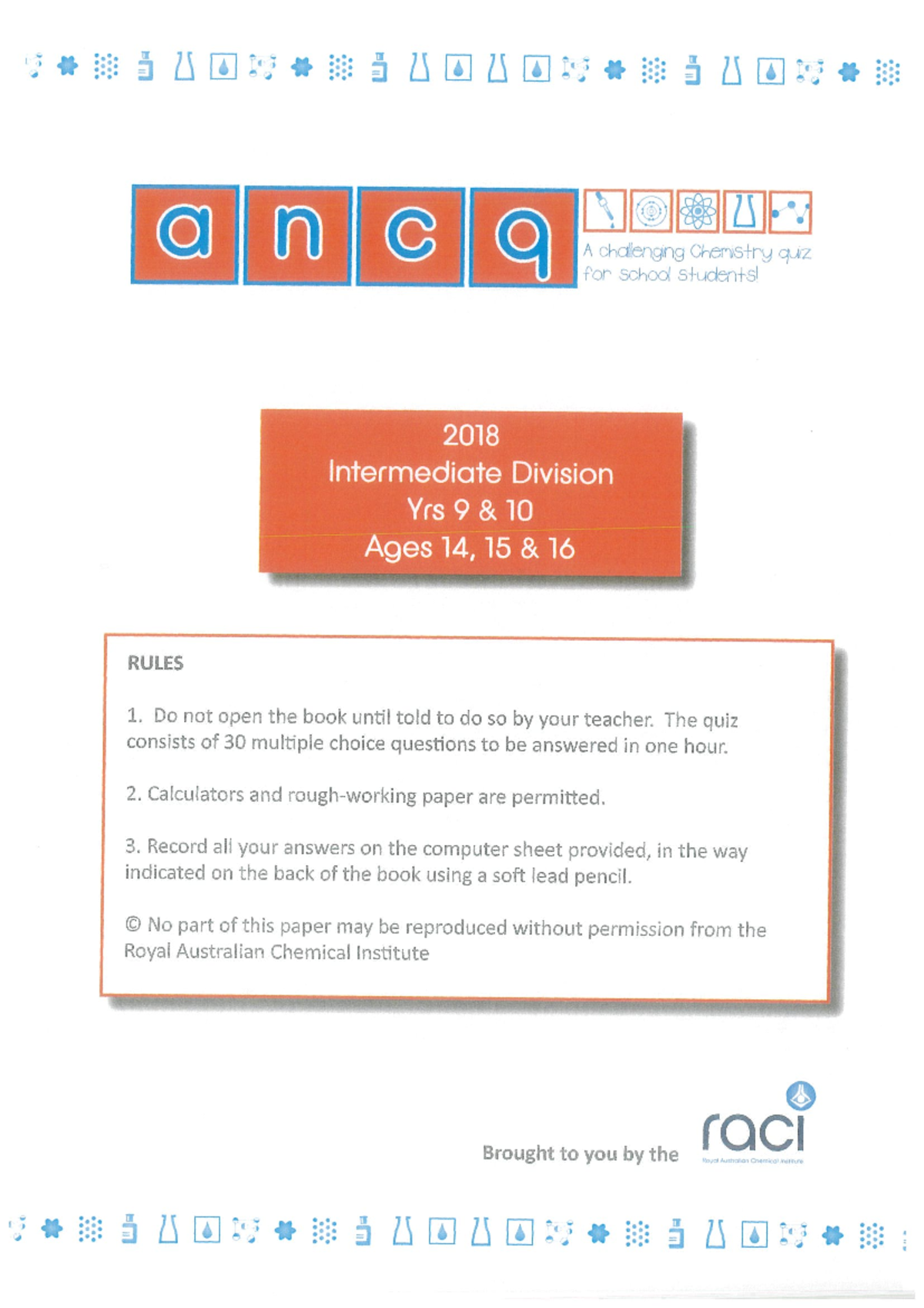 RACI 2018 Yr 9 & 10 Chemistry Quiz Questions and Answers - Studocu