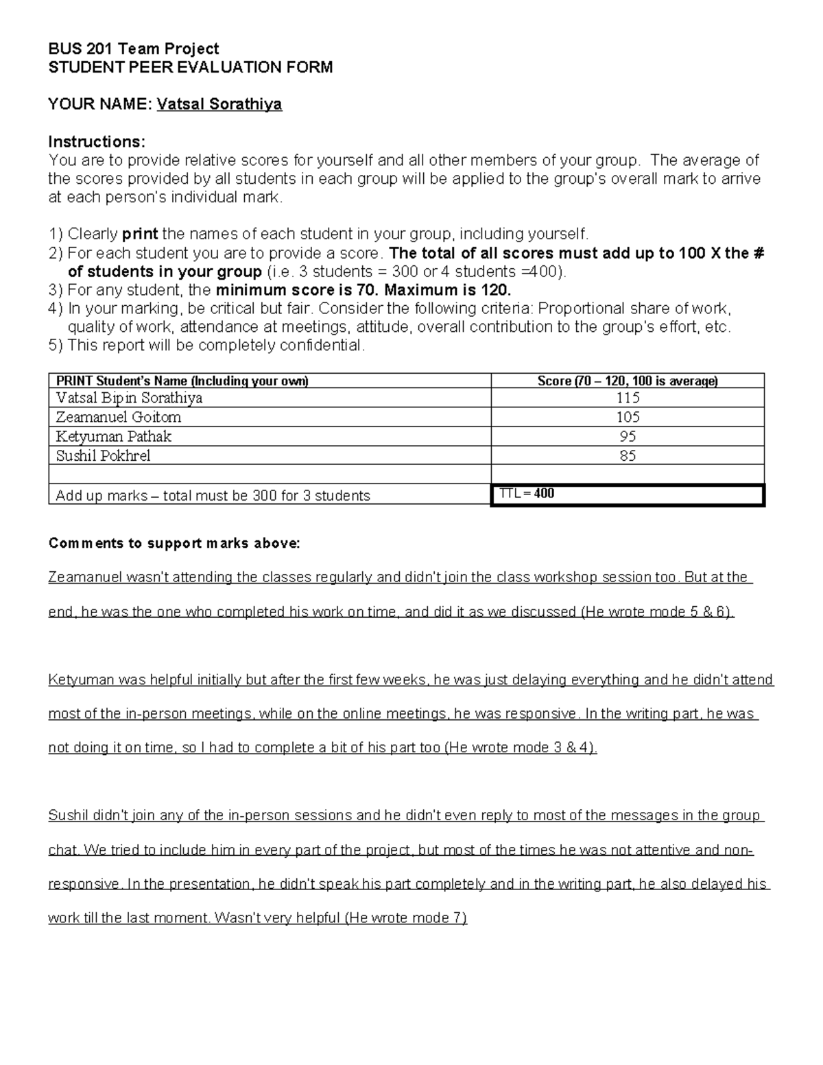 BUS 201 Team Project Peer Evaluation Form - Studocu