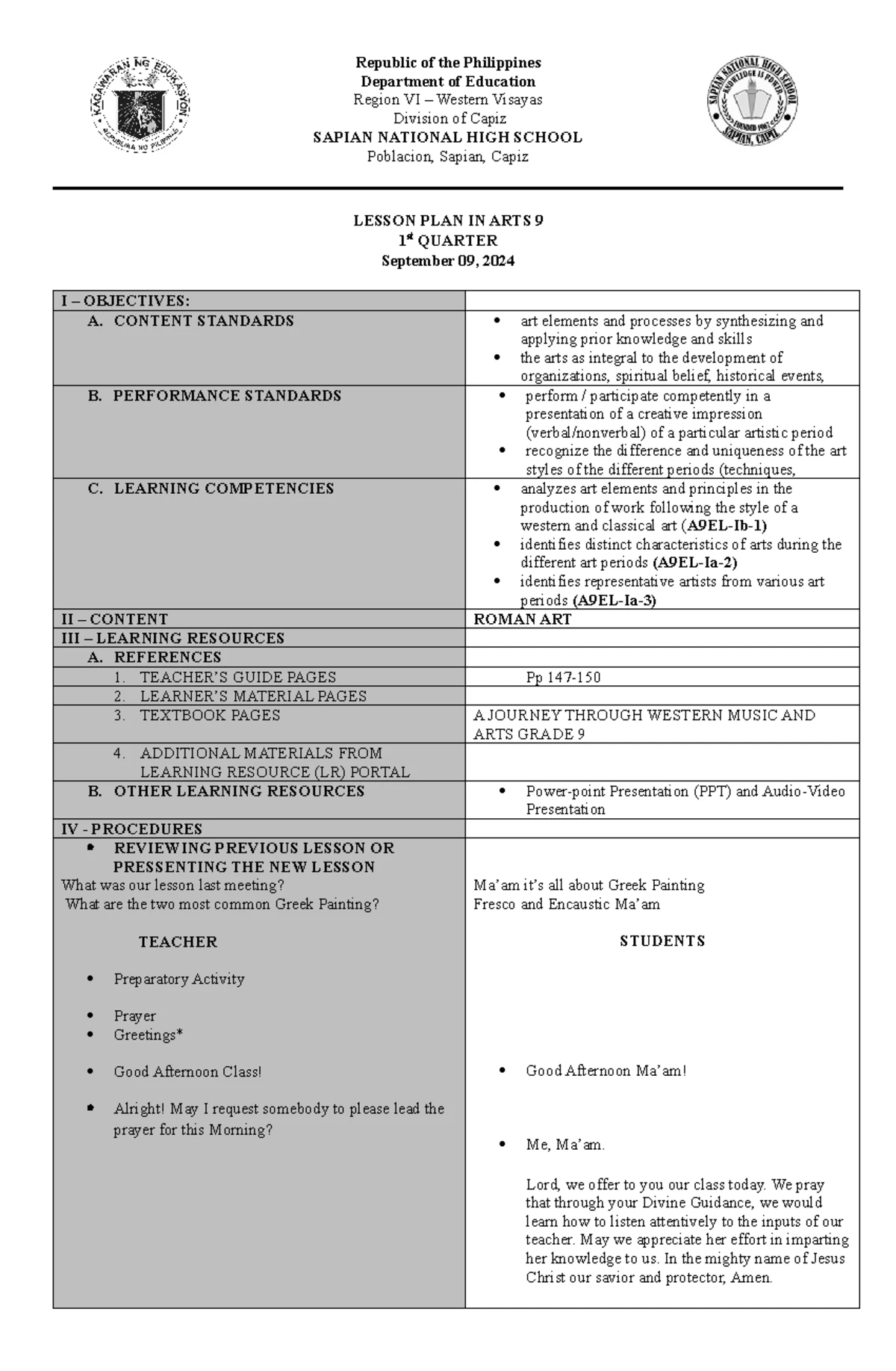 ARTS 9 Q2 Week 1 Lesson Plan: Renaissance and Baroque Art Elements ...