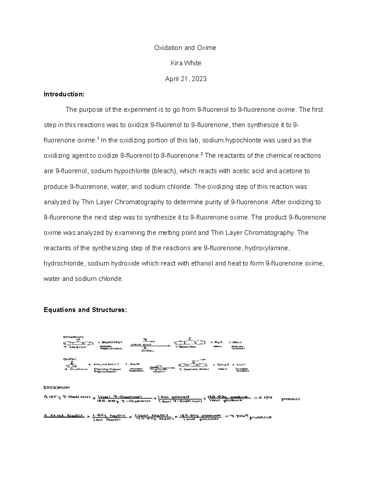 Lab Report 3 - Synthesis of 9-Fluorenone Oxime via Oxidation - Studocu