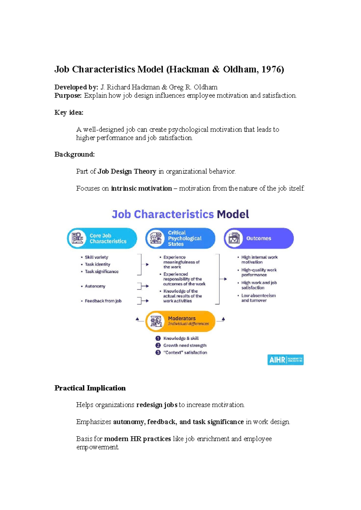 Job Characteristics Model (Hackman & Oldham, 1976) Insights - Studocu