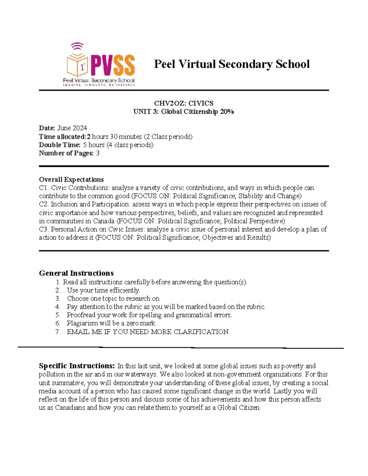 Peel Virtual Secondary School CHV2OZ: Civics Unit 3 Summative Guide ...
