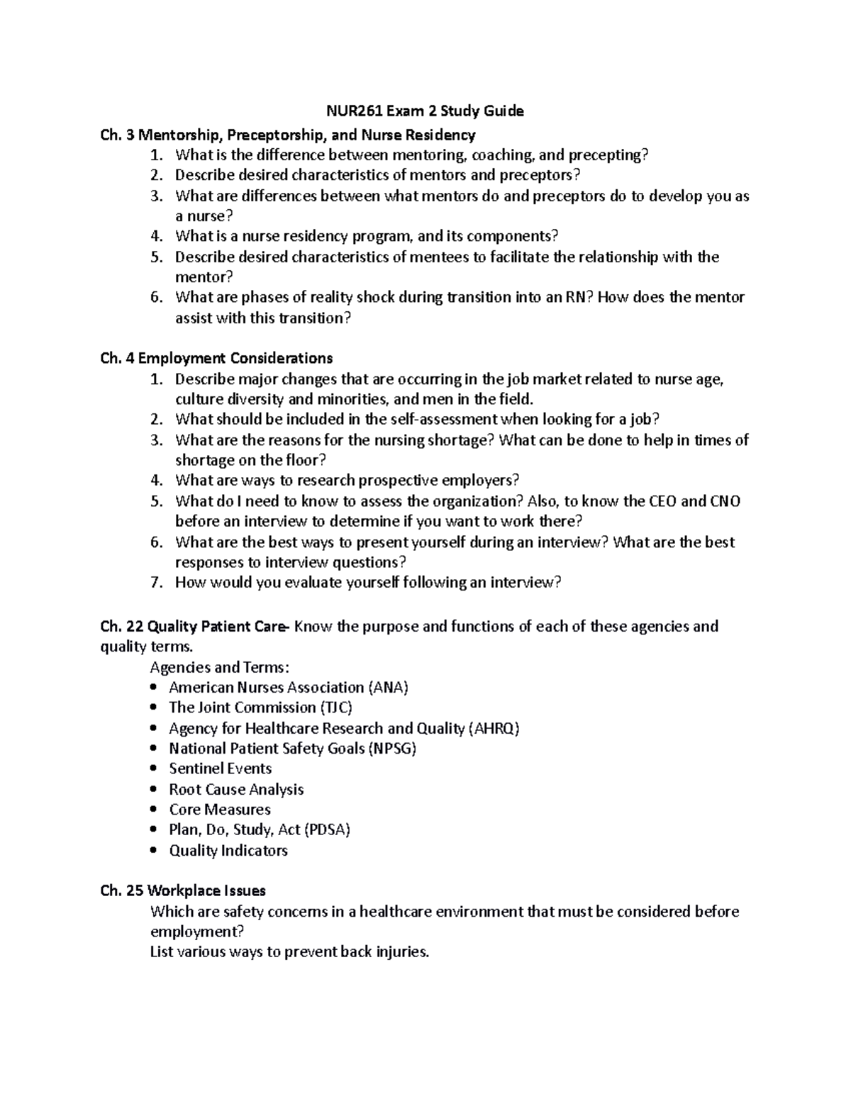 NUR261 Exam 2 Study Guide Fall 2023 - NUR261 Exam 2 Study Guide Ch. 3 ...
