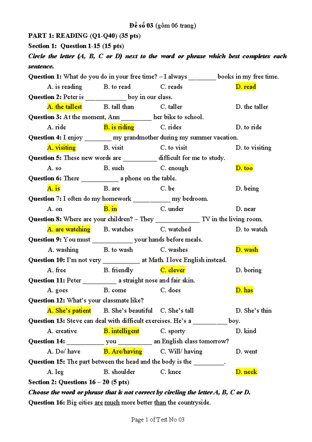 Đề 03 - KĐA - Reading, Listening, and Writing Practice - Studocu