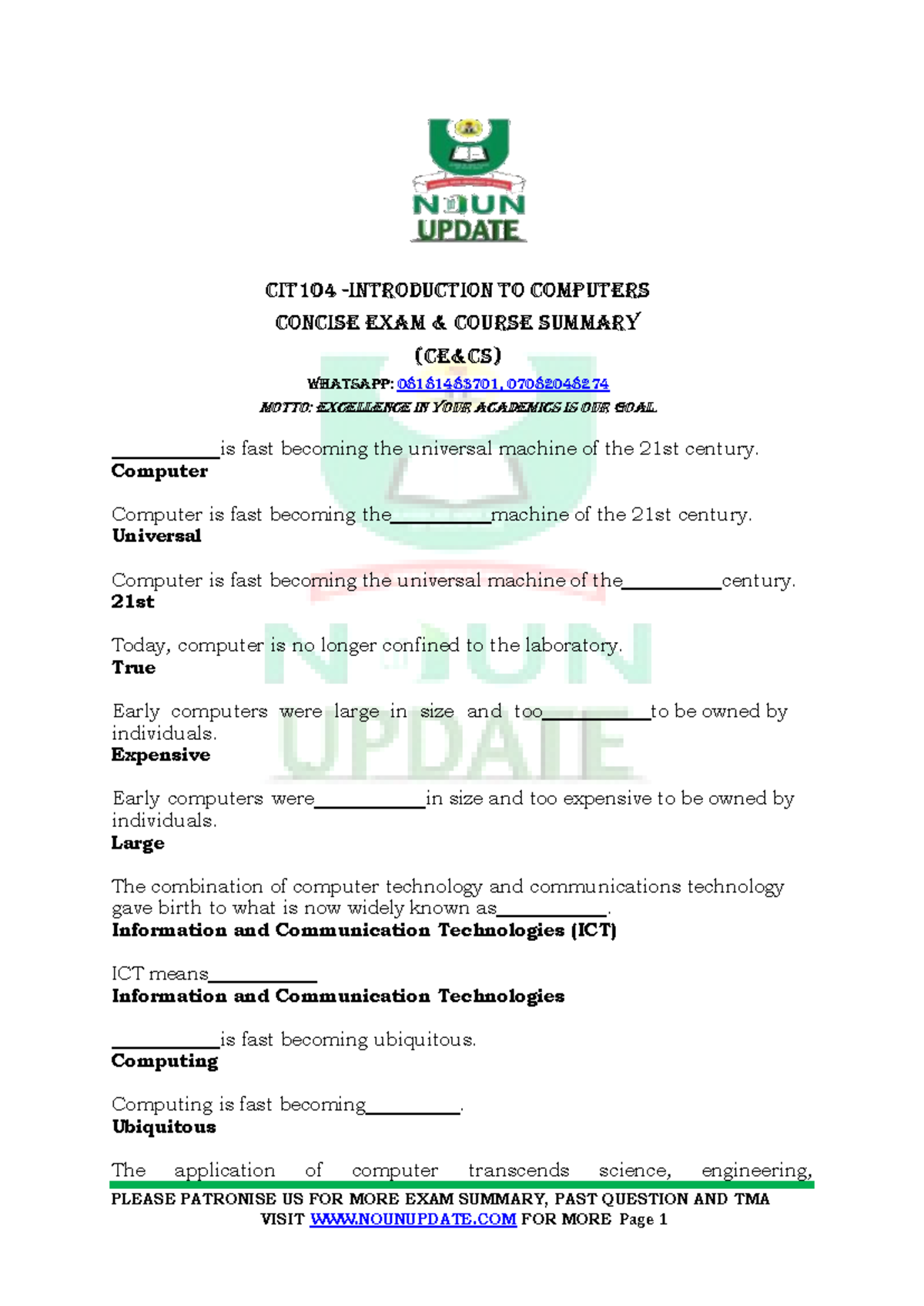 CIT104 CE&CS - Summary Computers - PLEASE PATRONISE US FOR MORE EXAM ...