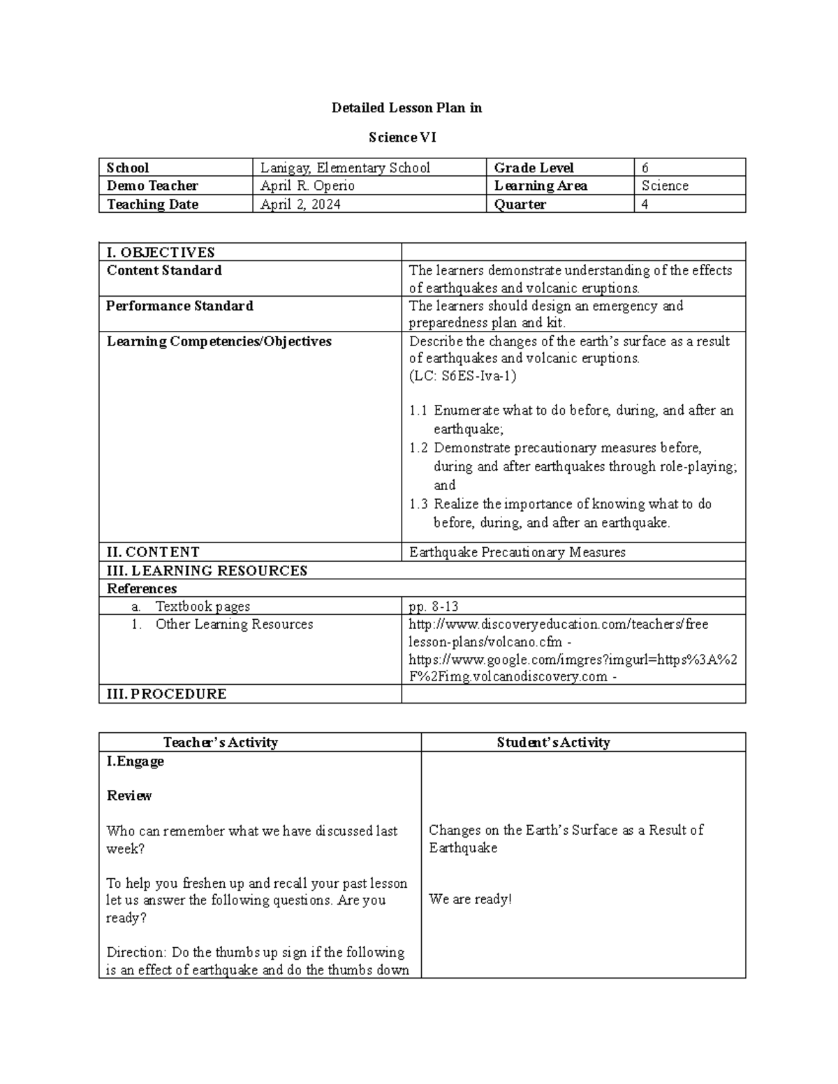 Science VI Lesson Plan: Earthquake Precautions & Preparedness - Studocu