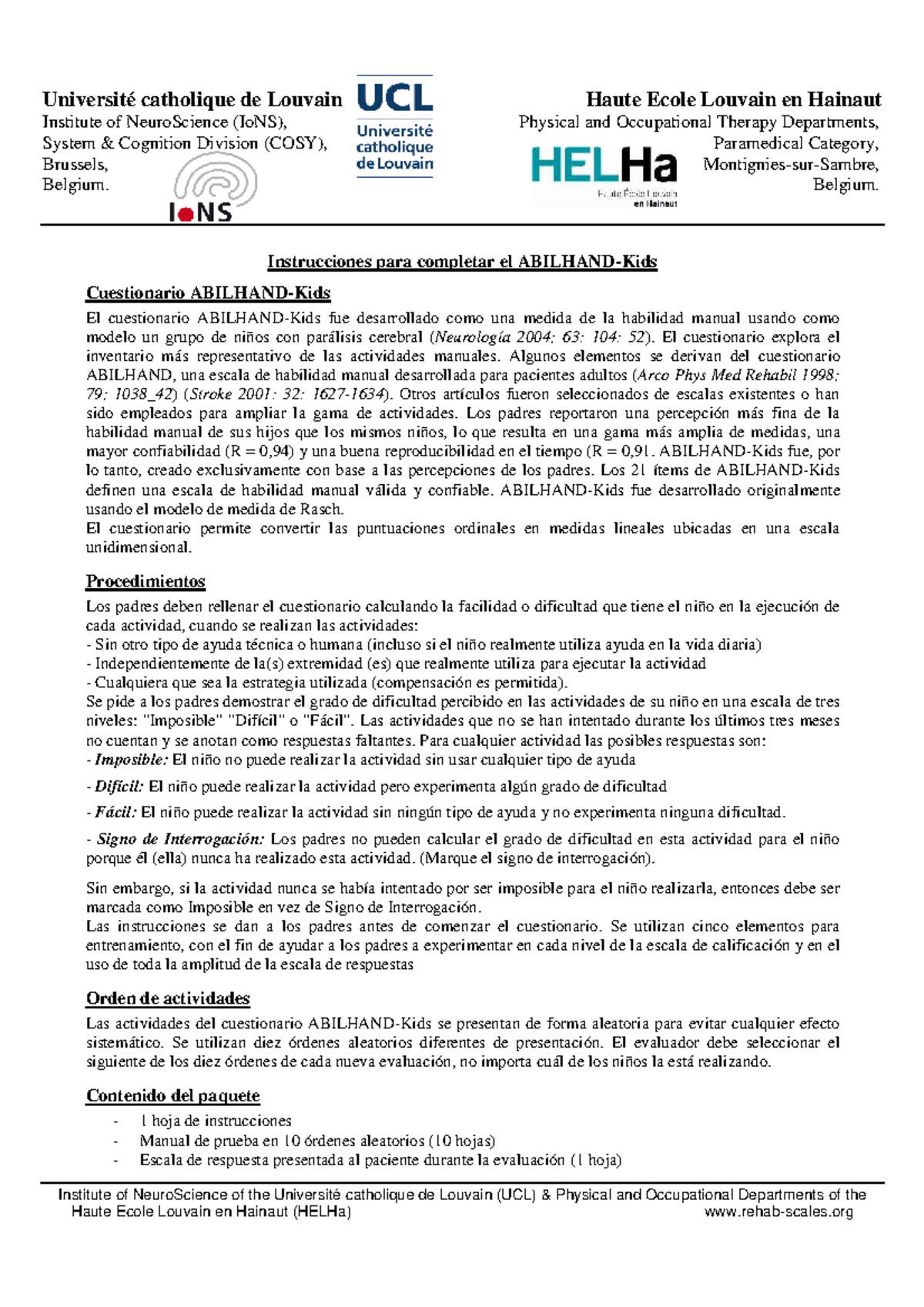 Abilhand-Kids Test: Medida de Habilidad Manual (UCL, HELHa) - Studocu