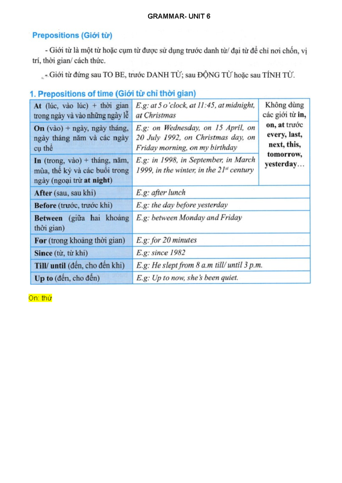Grammar U6: Key Concepts and Usage of Prepositions in English - Studocu