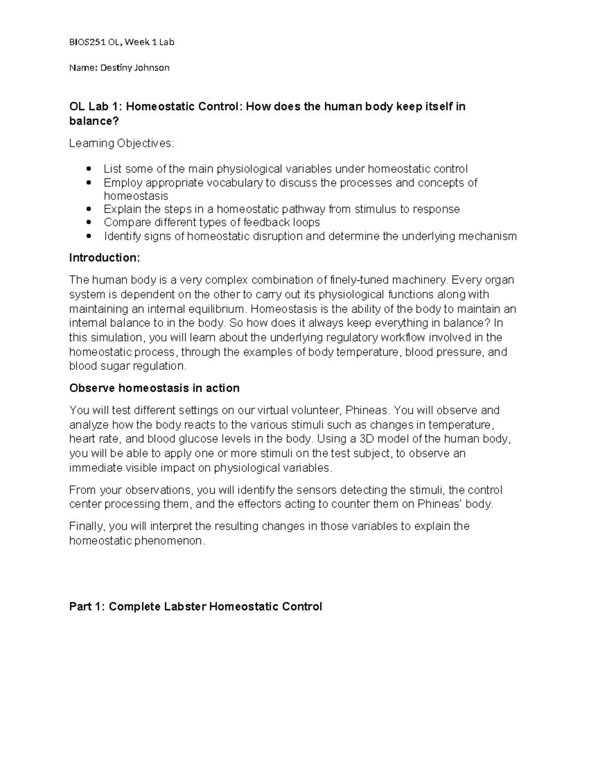 Final LABS BIOS251 Online Labs Week 1 Homeostasis Lab 1 - Name: Destiny ...
