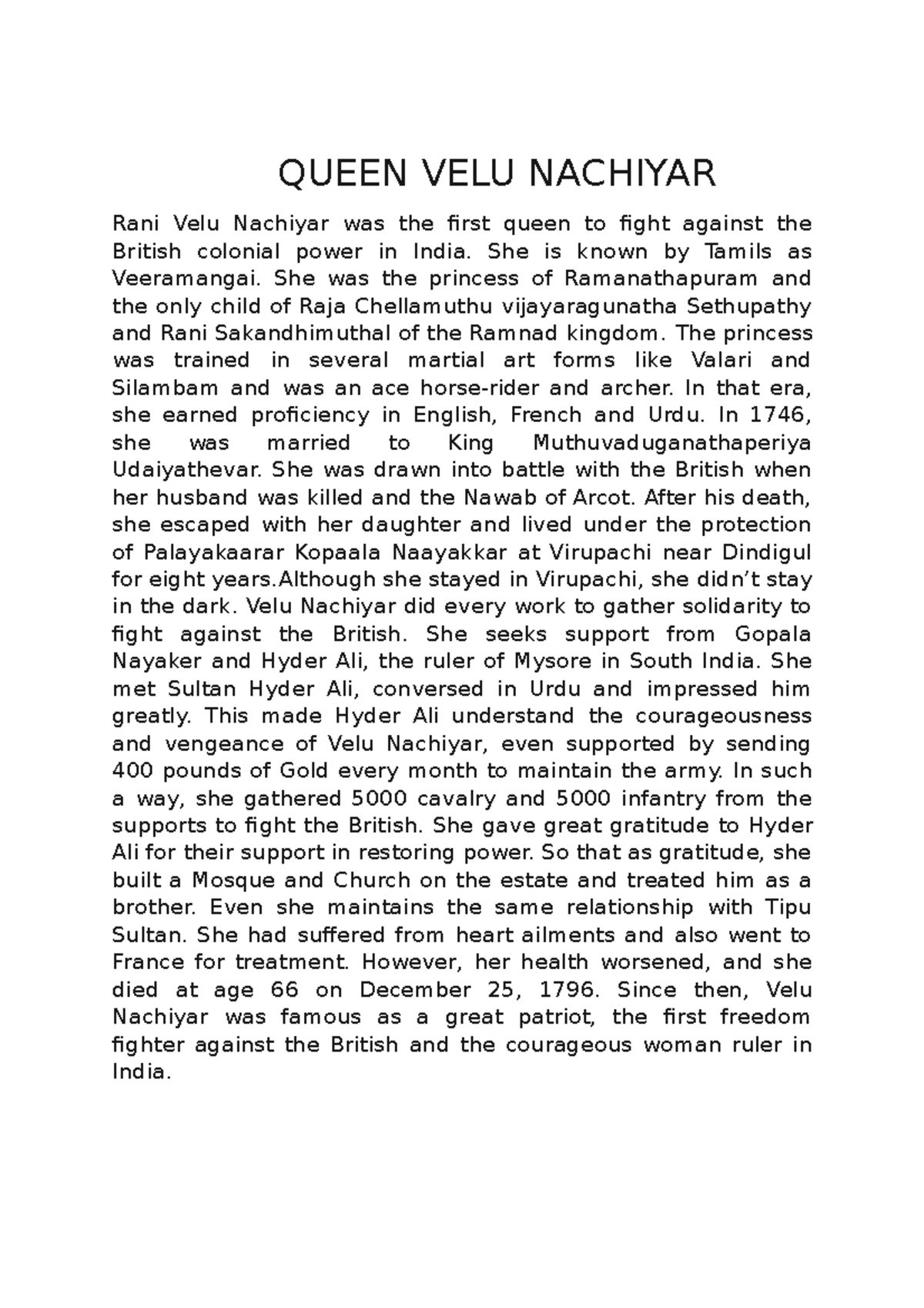 Queen Velu Nachiyar: The First Female Freedom Fighter of India - Studocu
