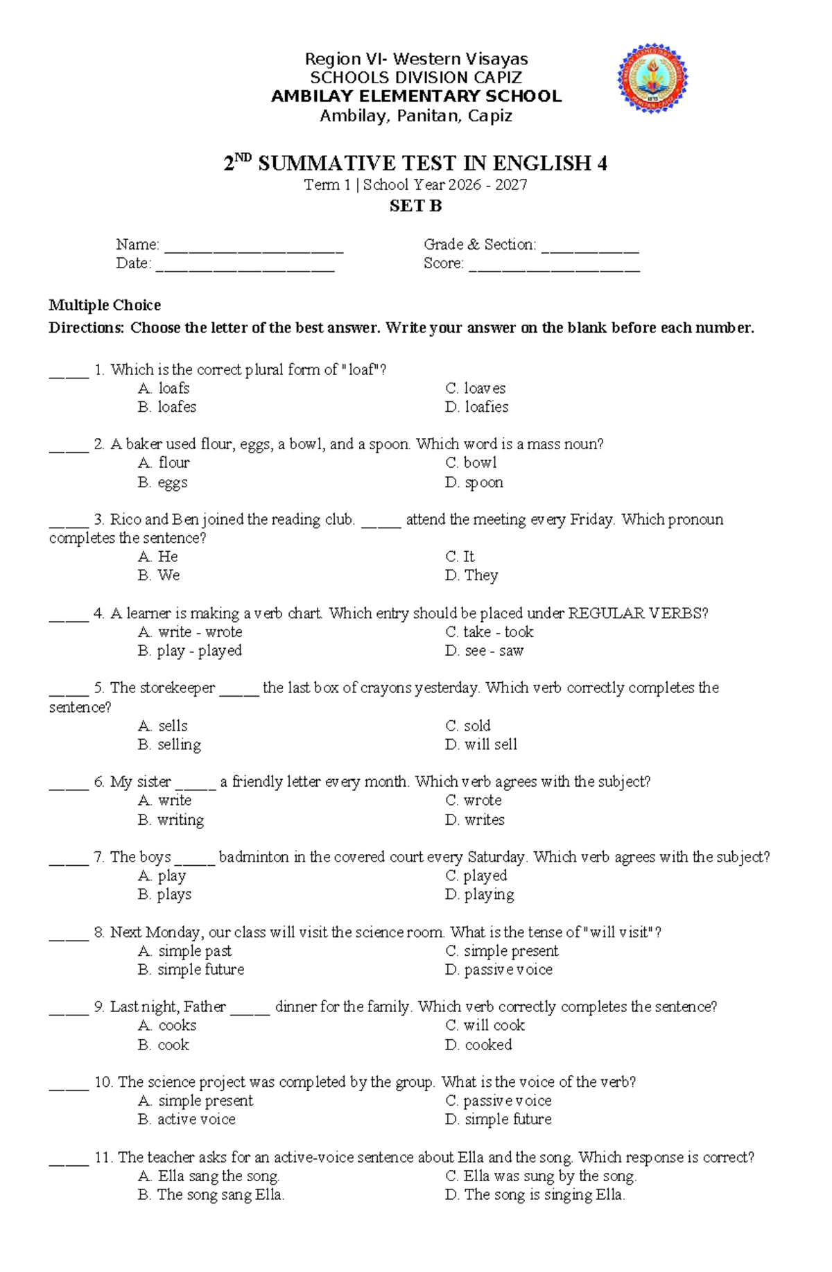 DTC T1 2ND SUMMATIVE TEST ENG 4 SET B - English Exam - Studocu