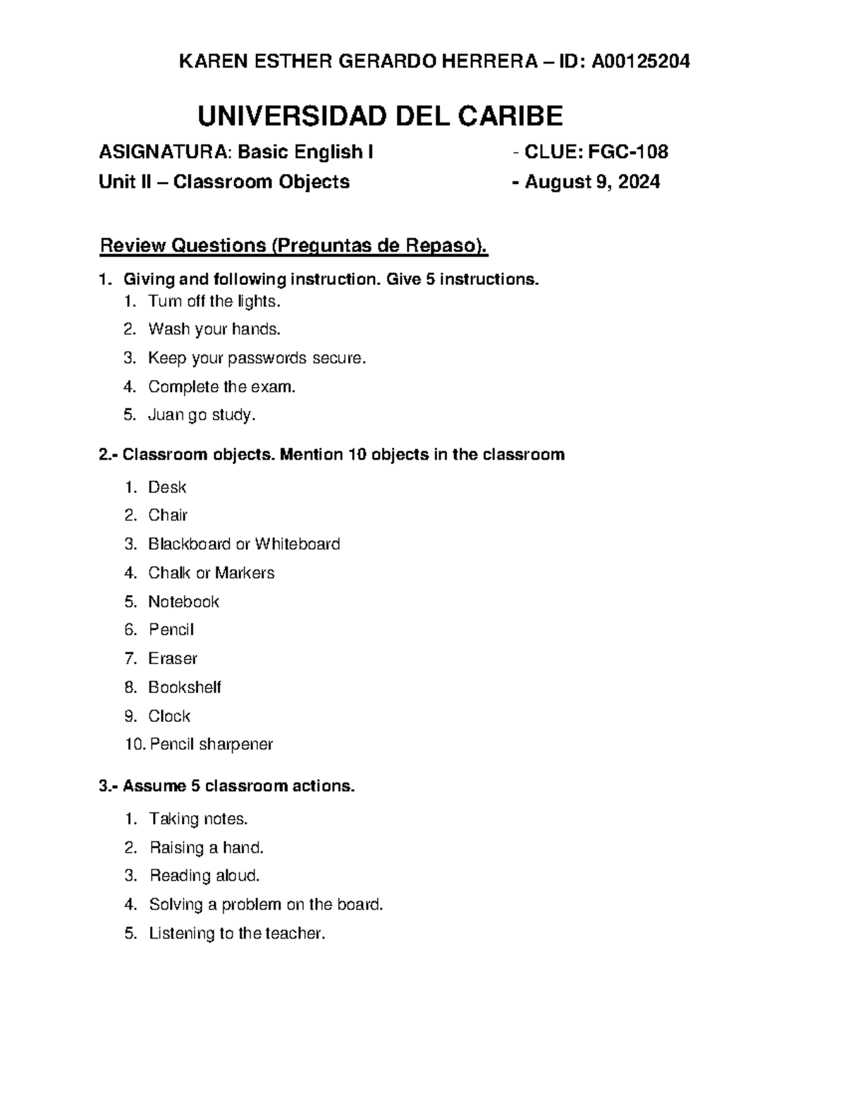 Repaso Unidad II - Classroom Objects Review (FGC-108) - Studocu