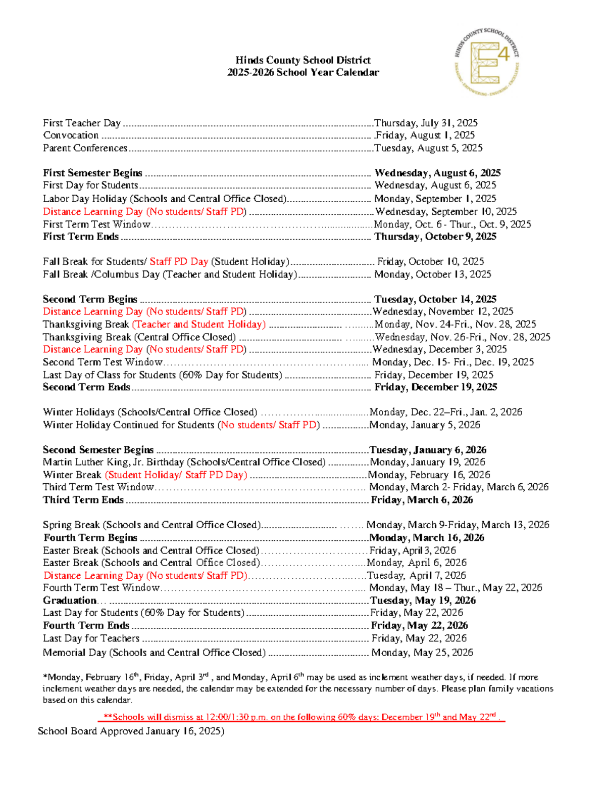 HCSD 2025-2026 School Year Calendar - Approved Plan - Studocu