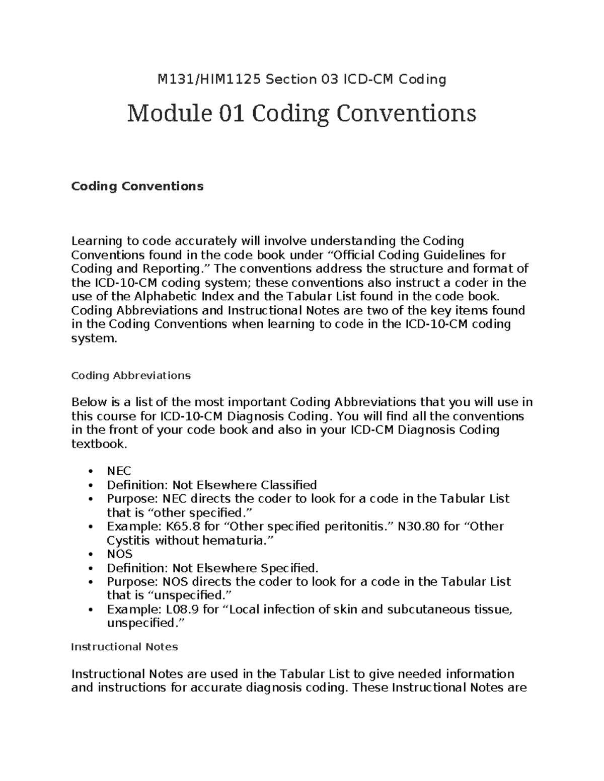 M131/HIM1125 Module 01 ICD-10 Coding Conventions and Guidelines - Studocu
