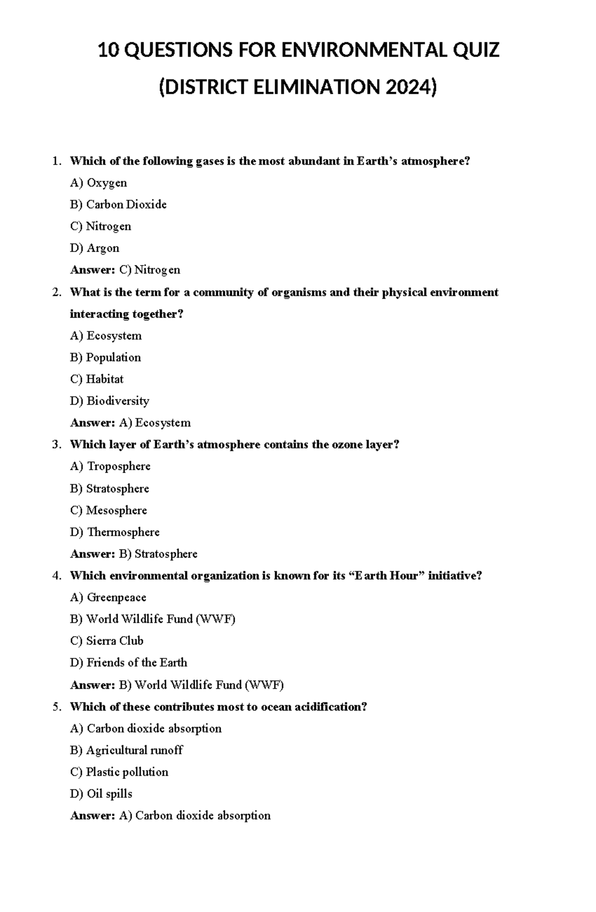 10 Questions FOR Environmental QUIZ - 10 QUESTIONS FOR ENVIRONMENTAL ...