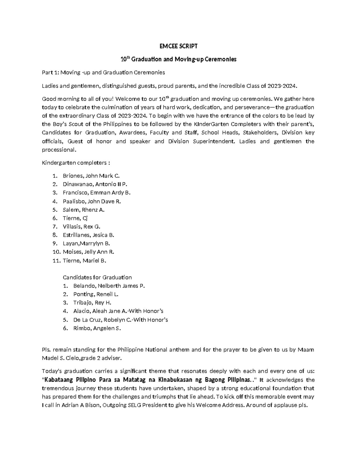 10th Graduation Ceremony Emcee Script - Class of 2023-2024 - Studocu