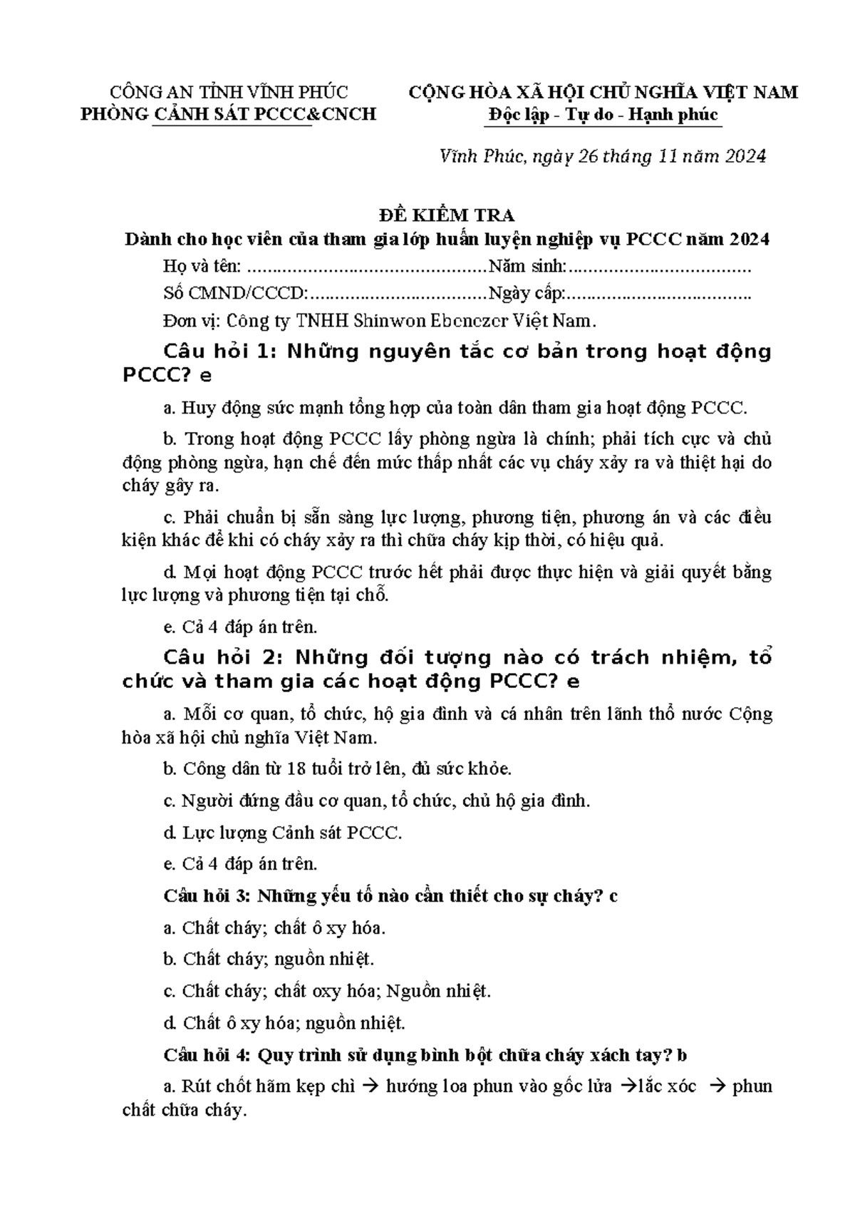 Đề Kiểm Tra Lý Thuyết PCCC - Lớp Huấn Luyện 2024 - Studocu