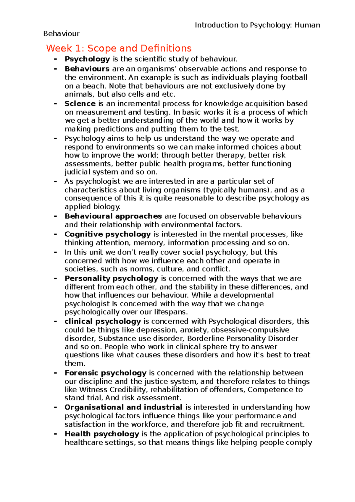 Psychology 101: Introduction to Human Behaviour Notes - Studocu