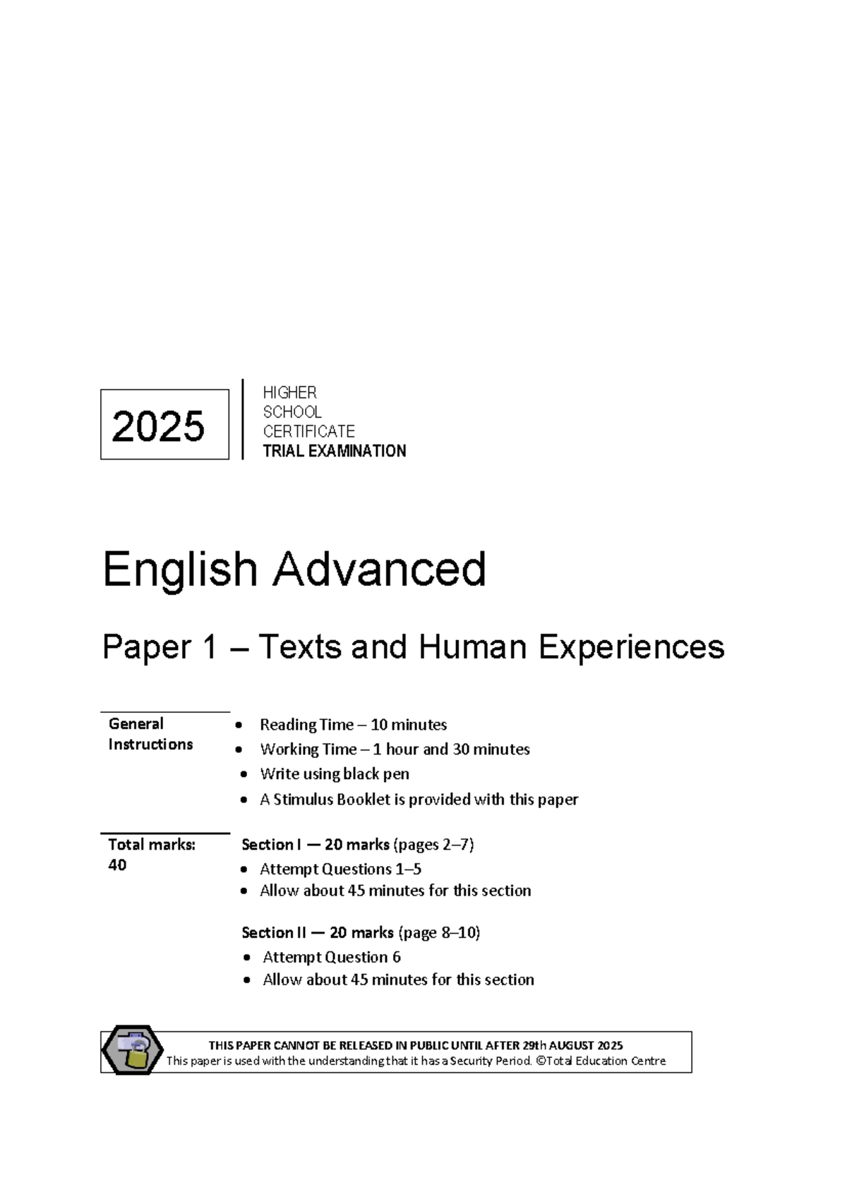 HSC Trial Exam 2025: English Advanced Paper 1 - Texts & Human ...