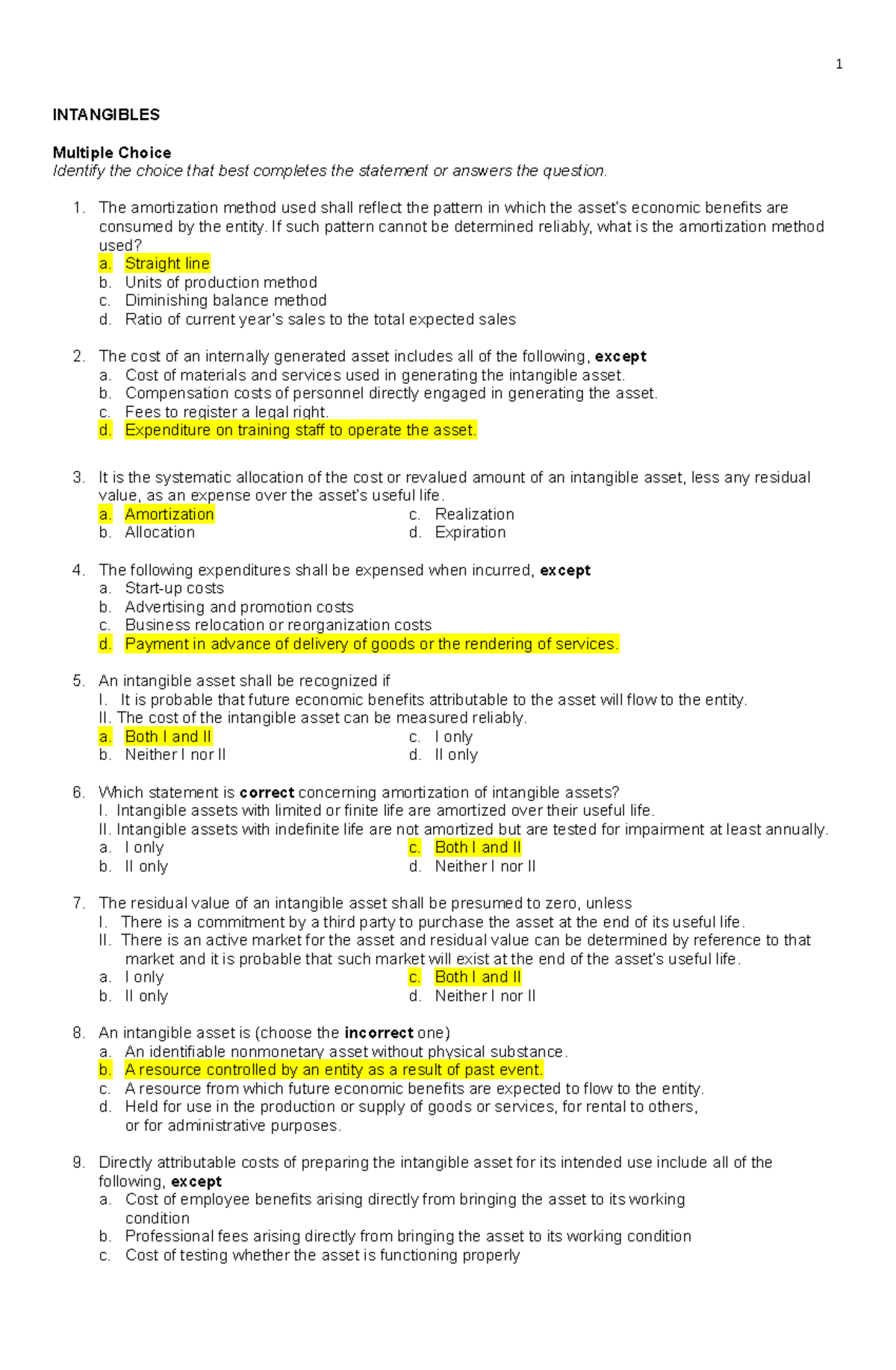 INTANGIBLES - QUIZ (Multiple Choice Questions) - Studocu