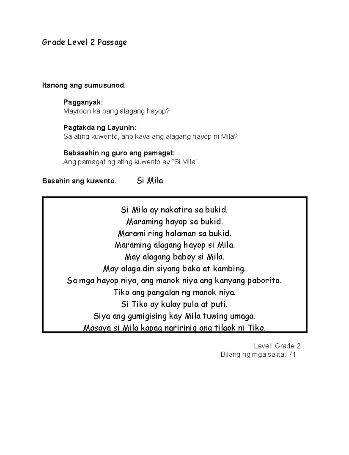 Grade 2 Oral Reading Test: Si Mila at Ang Kanyang Alagang Hayop - Studocu