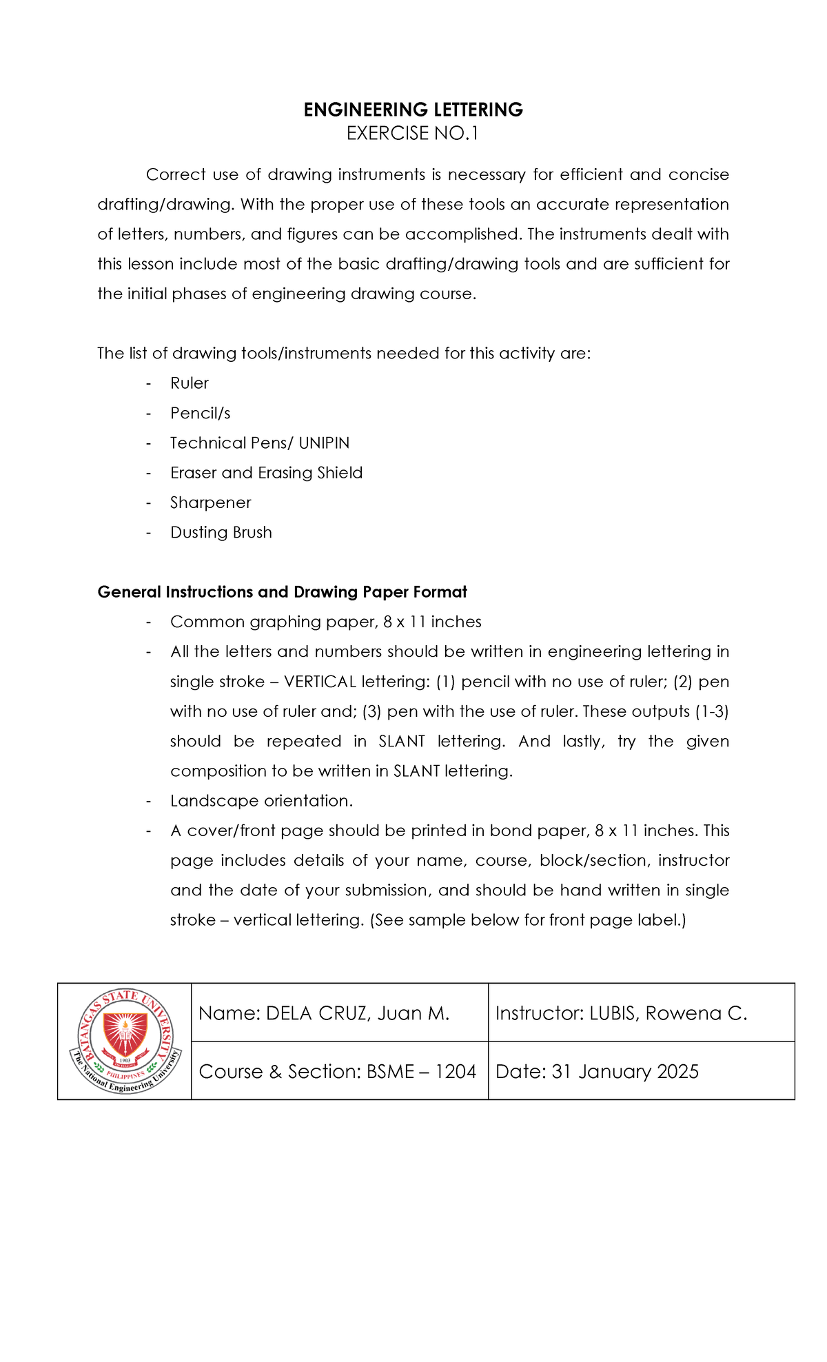 BSME 1204 Engineering Lettering Exercise No. 1 Guidelines - Studocu