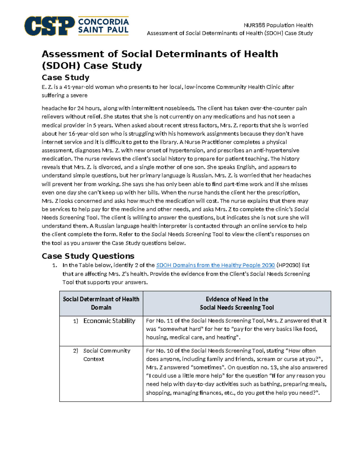 NUR388 Population Health: Assessment of SDOH Case Study Analysis - Studocu
