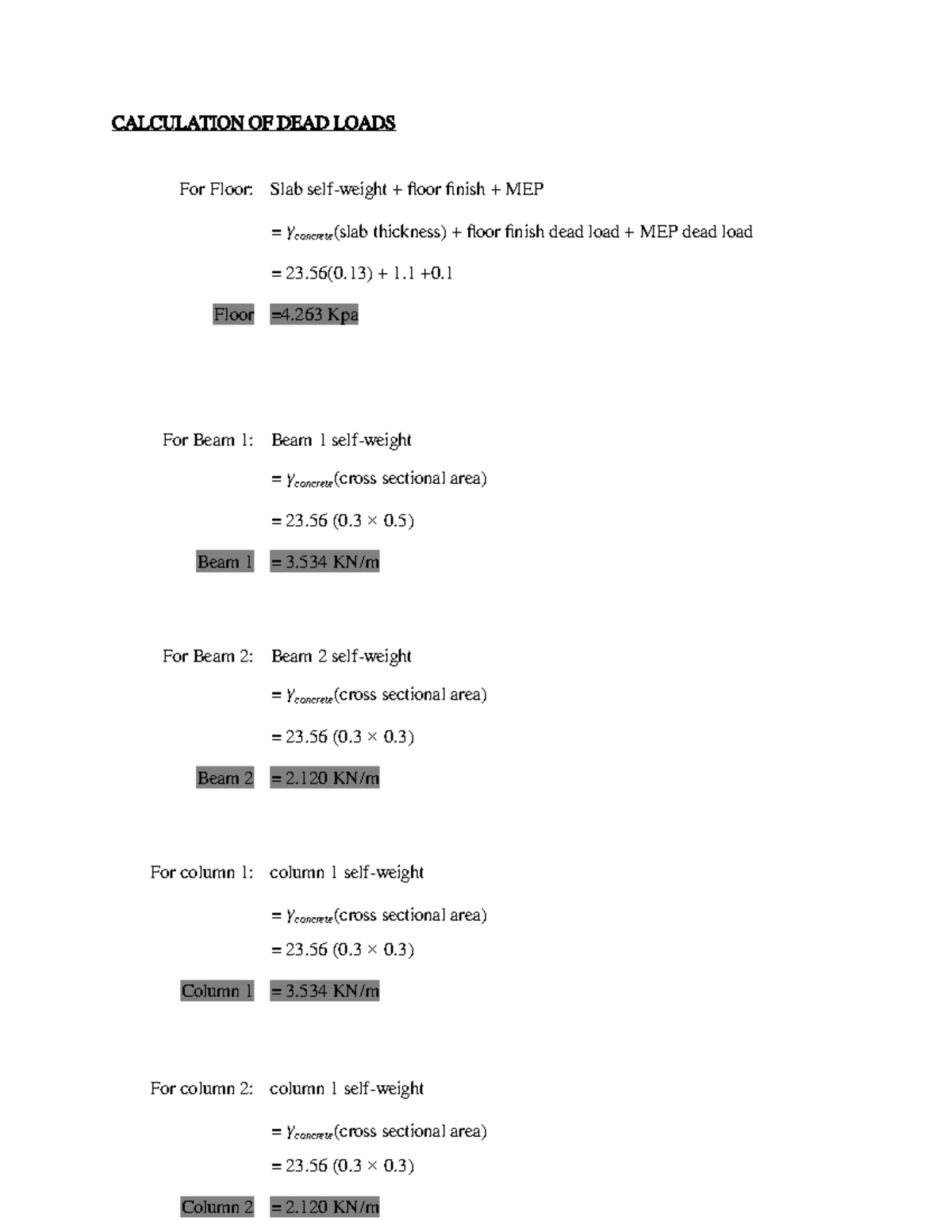 Calculation of Dead Loads for Structural Elements - Studocu