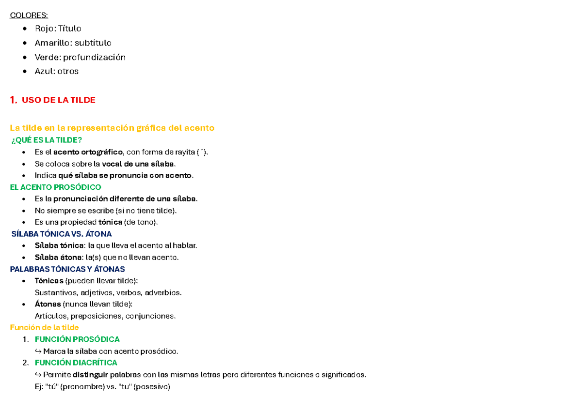 COLORES: Uso de la Tilde y Signos Ortográficos - Resumen RAE - Studocu
