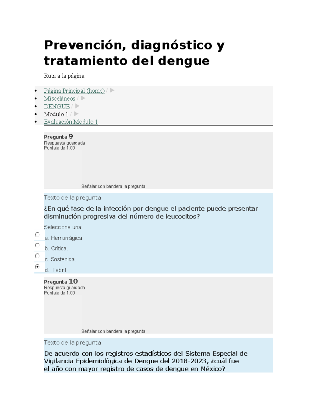 Prevención, diagnóstico y tratamiento del dengue - Módulo 1 Evaluación - Studocu