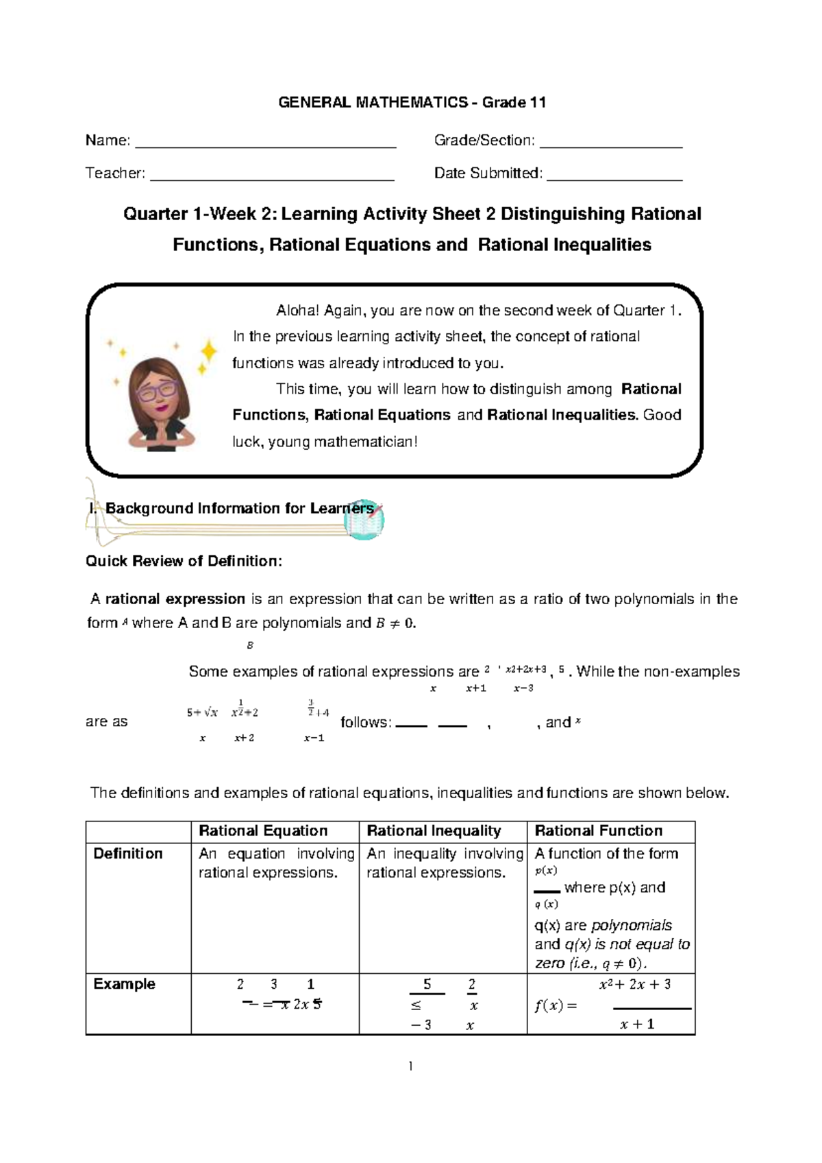 Q1 Week 2 LAS 2 Distinguishing Rational Functions, Rational Equations ...