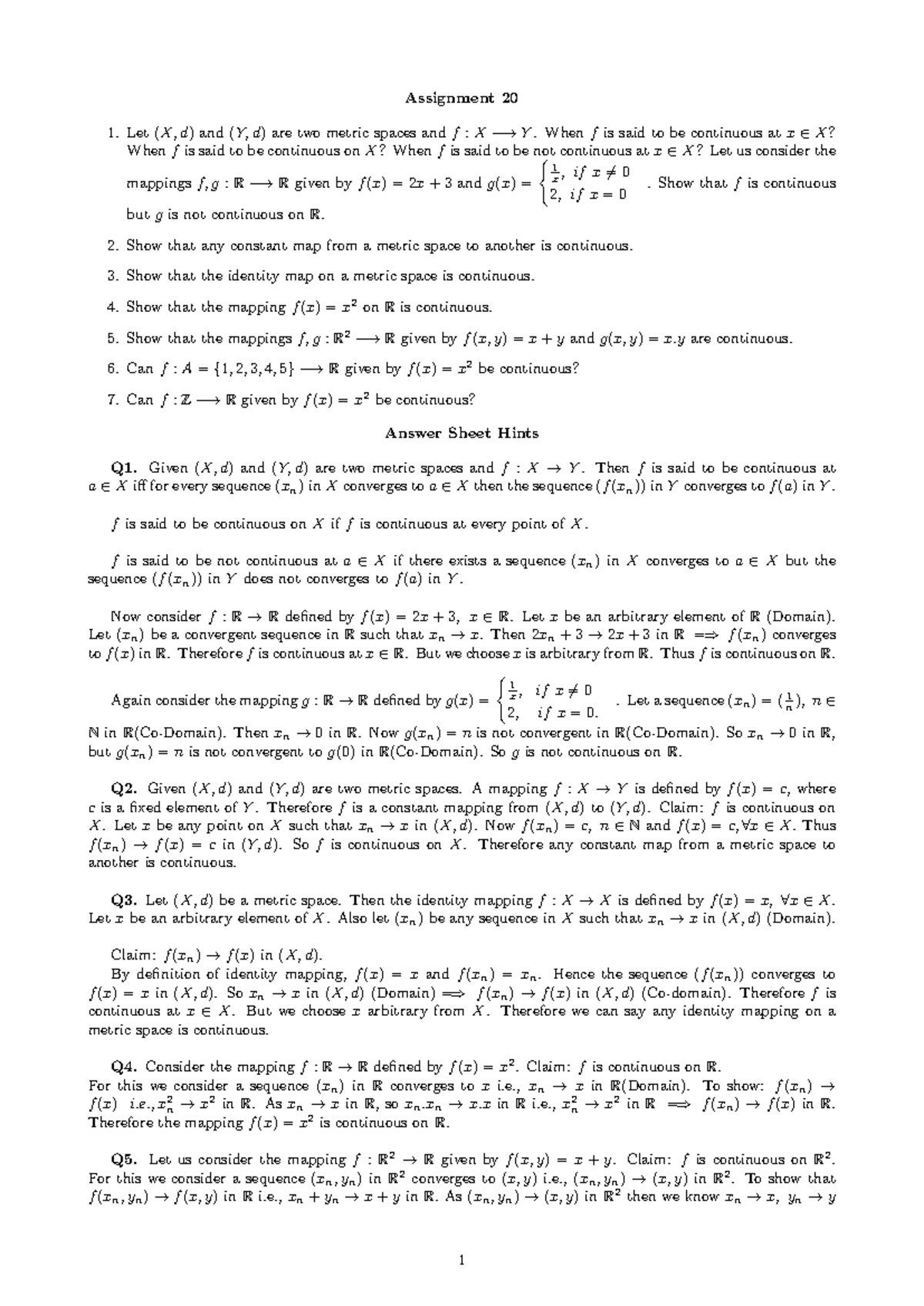 Assignment 20: Continuity in Metric Spaces and Mappings - Studocu