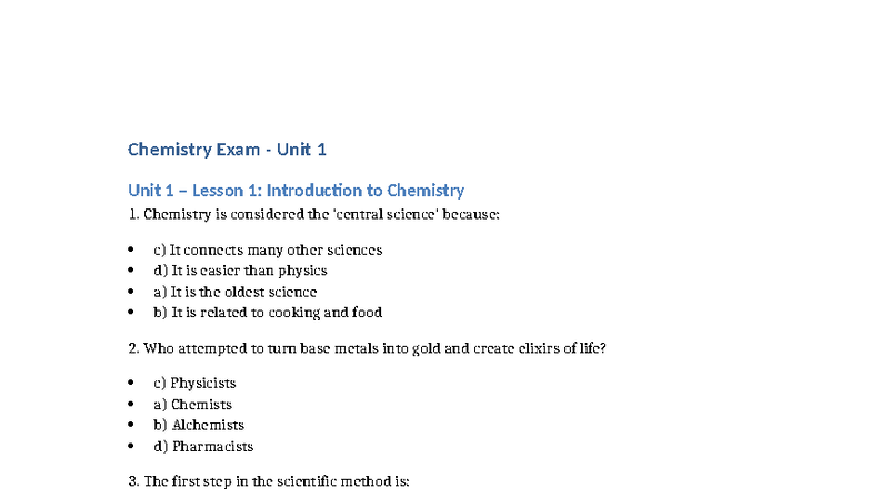 Chemistry Exam Unit 1: Key Concepts and Answer Key - Studocu