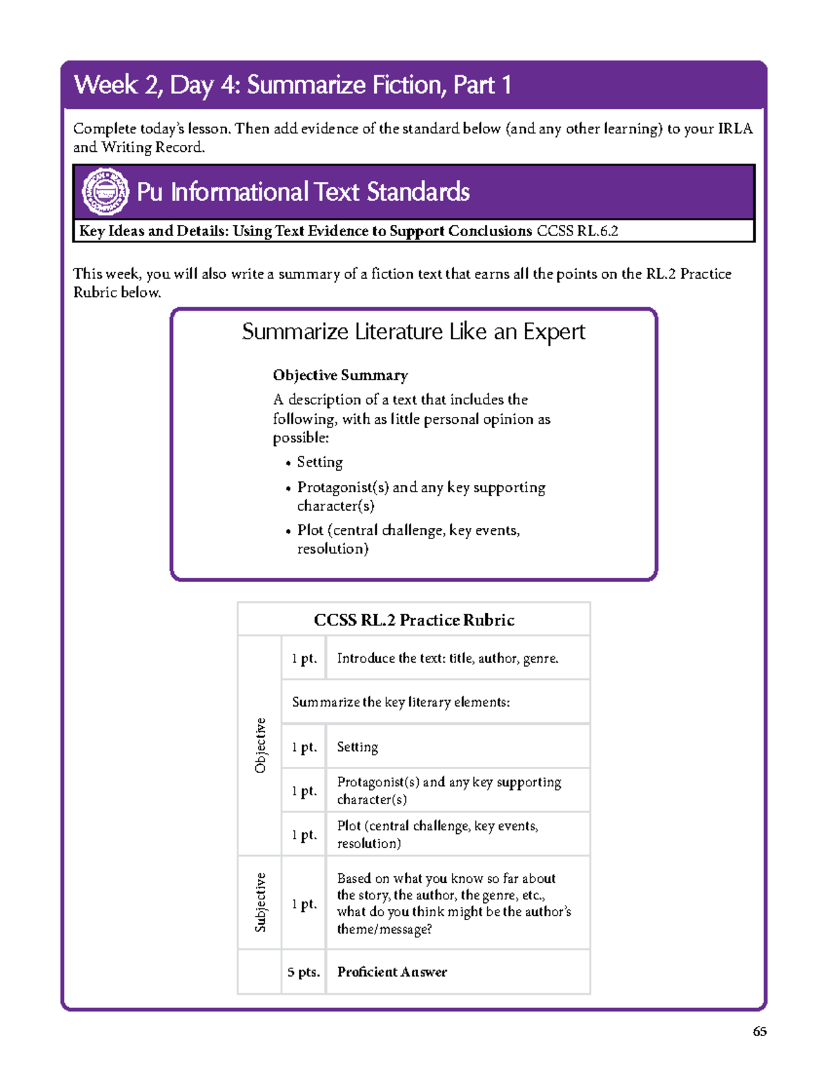 Week 2, Day 4: Fiction Summary Lesson (CCSS RL.6.2) - Studocu