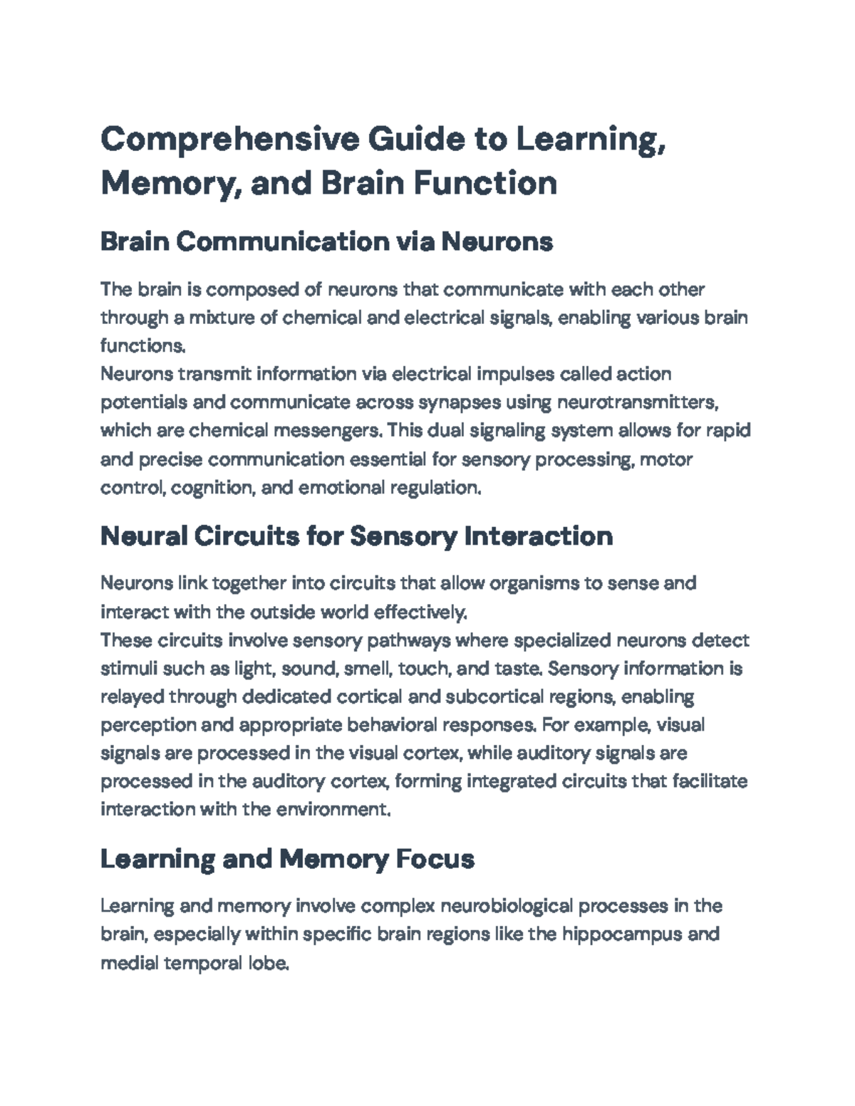 Comprehensive Overview of Learning & Memory Neuroscience (PSYC300 ...