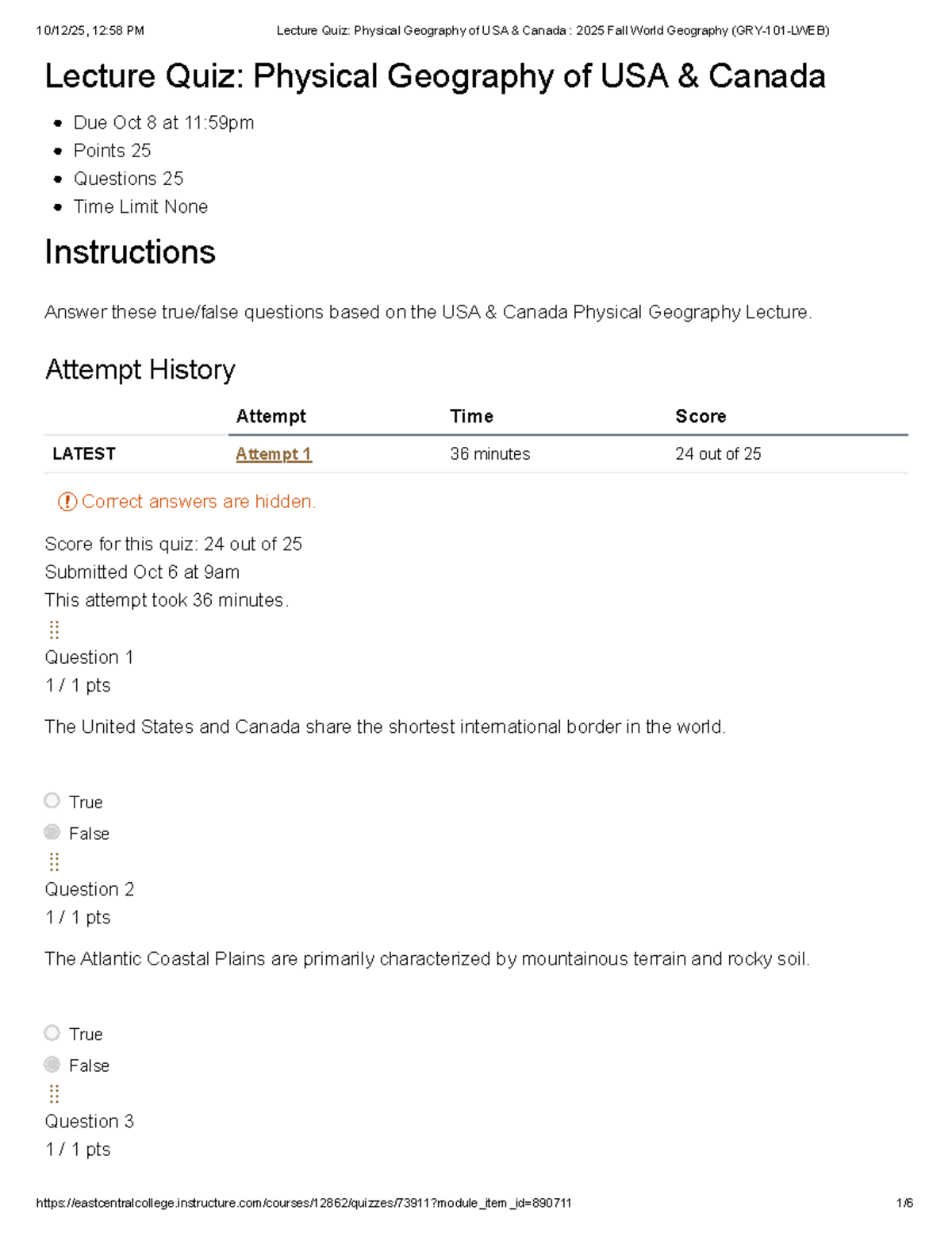 Lecture Quiz: Physical Geography of USA & Canada - Fall 2025 (GRY-101 ...