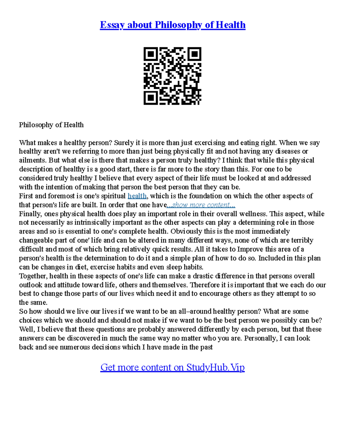 Philosophy of Health: A Comprehensive Essay on Well-Being - Studocu
