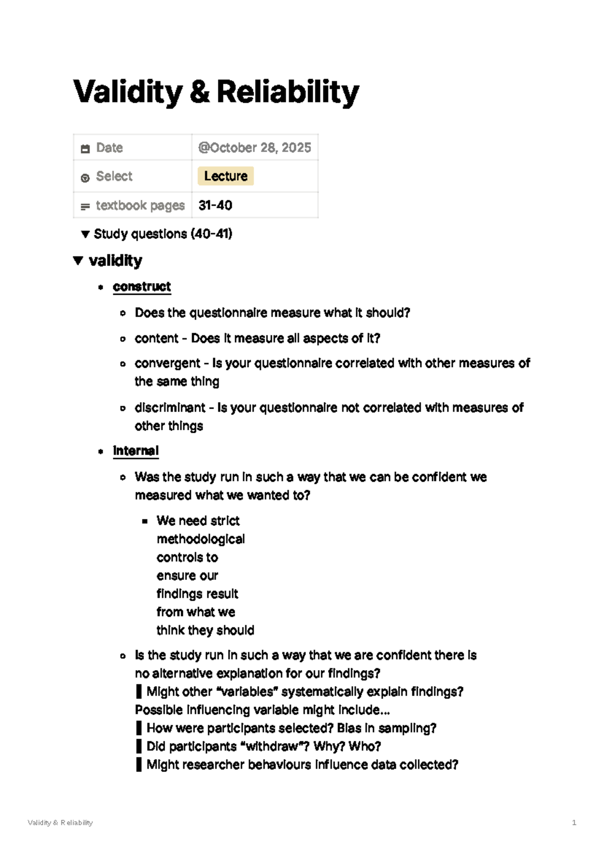 Validity & Reliability Lecture Notes (Course Code: TBD) - Studocu