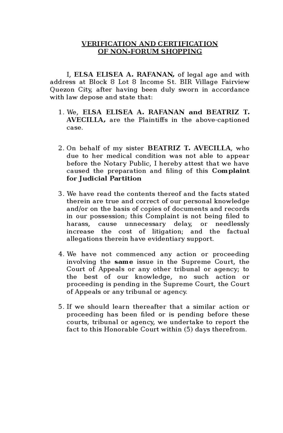 Joint Verification & Certification of Non-Forum Shopping Document - Studocu