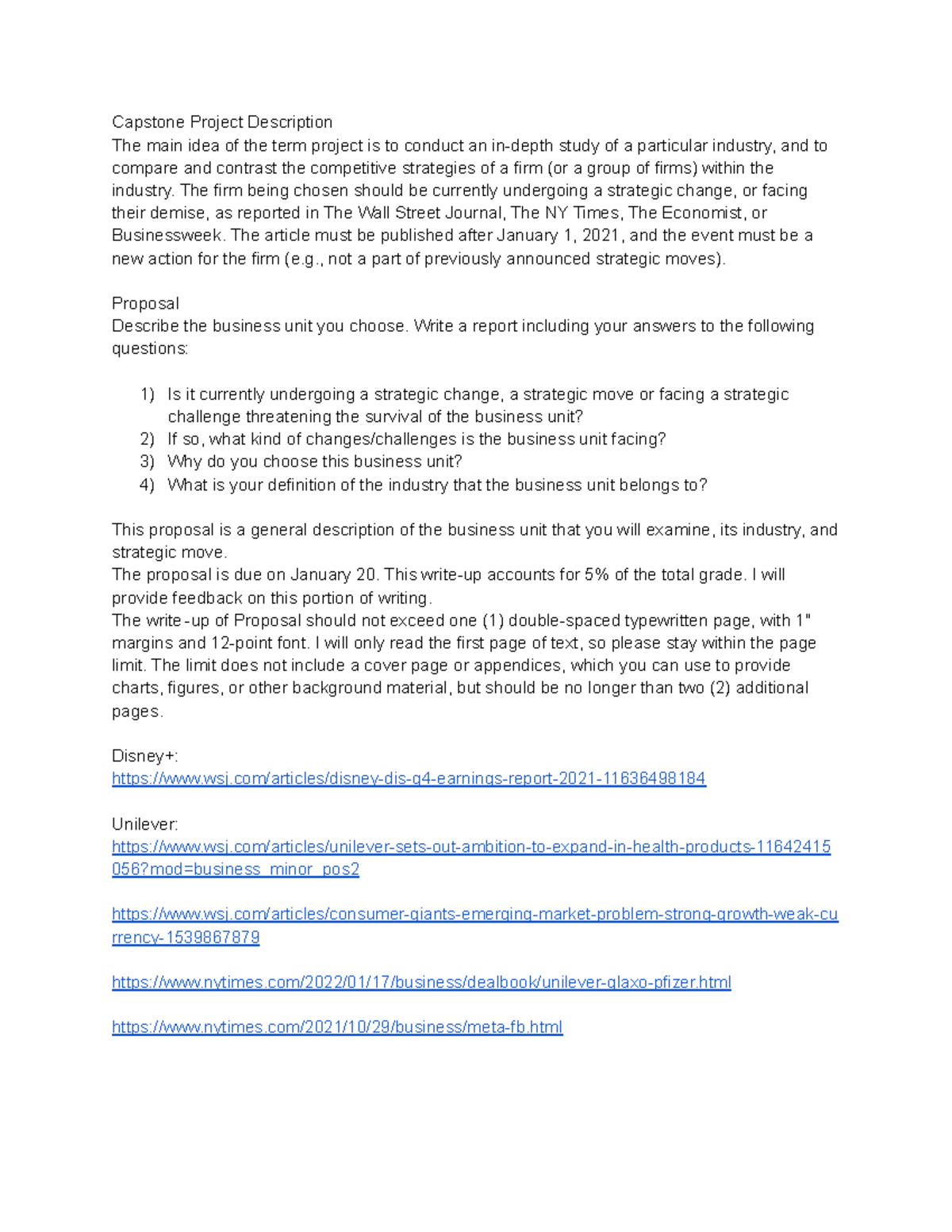 MGMT 162 Capstone Project Proposal-Example Draft Page 1 - Capstone ...