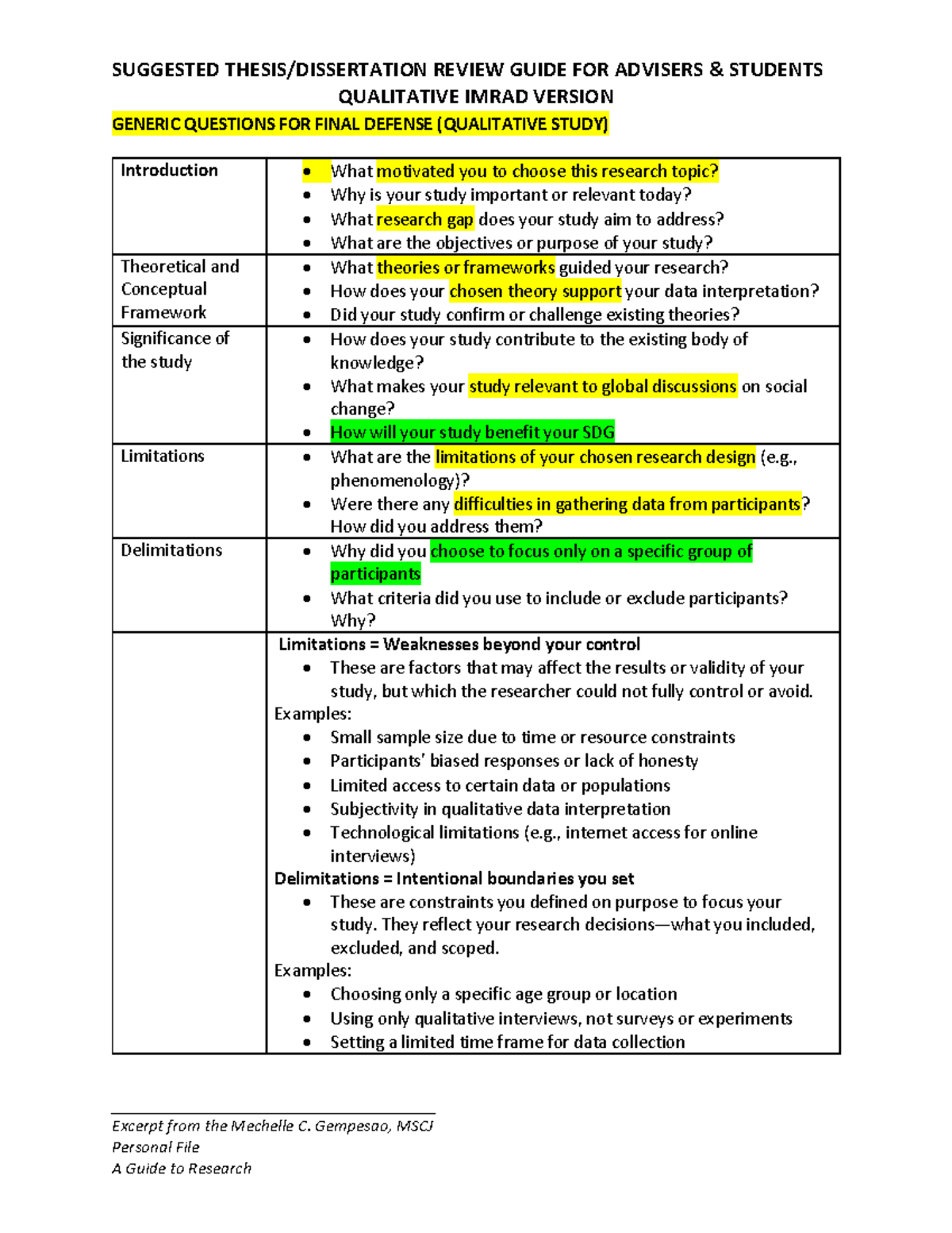 Generic Questions for Final Defense: Qualitative IMRAD Guide - Studocu