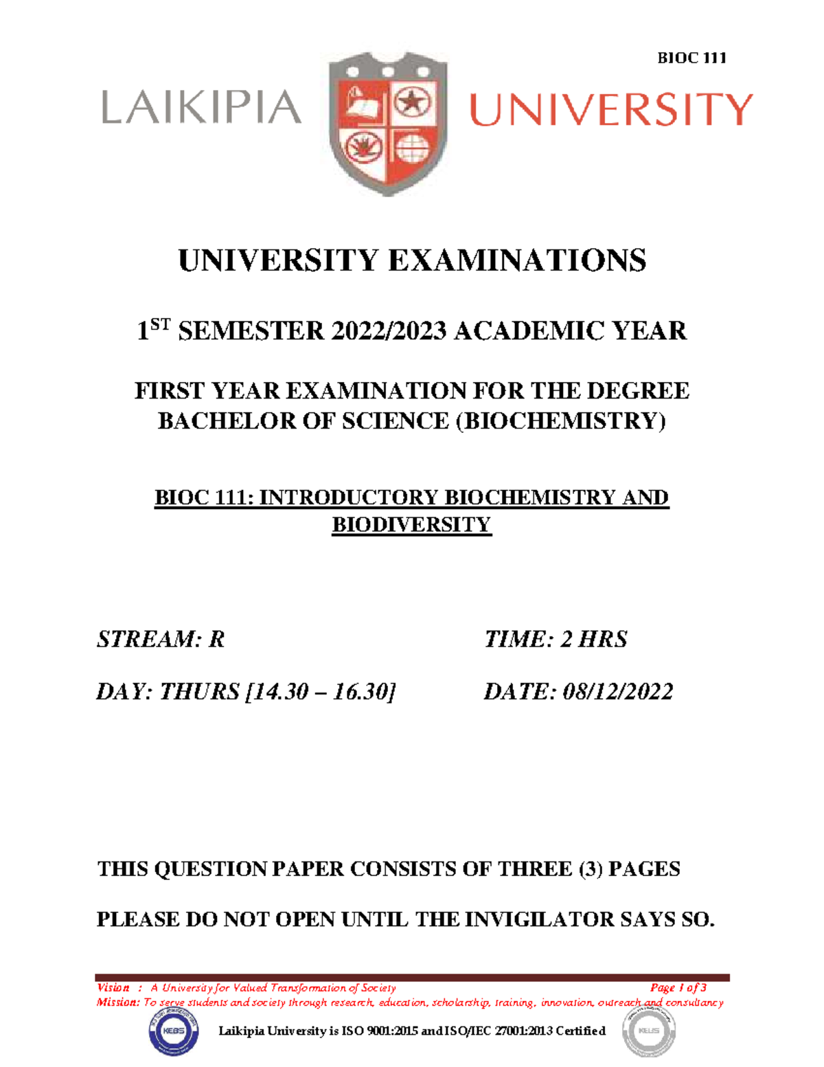 BIOC 111 - Introductory Biochemistry Final Exam Questions - Studocu
