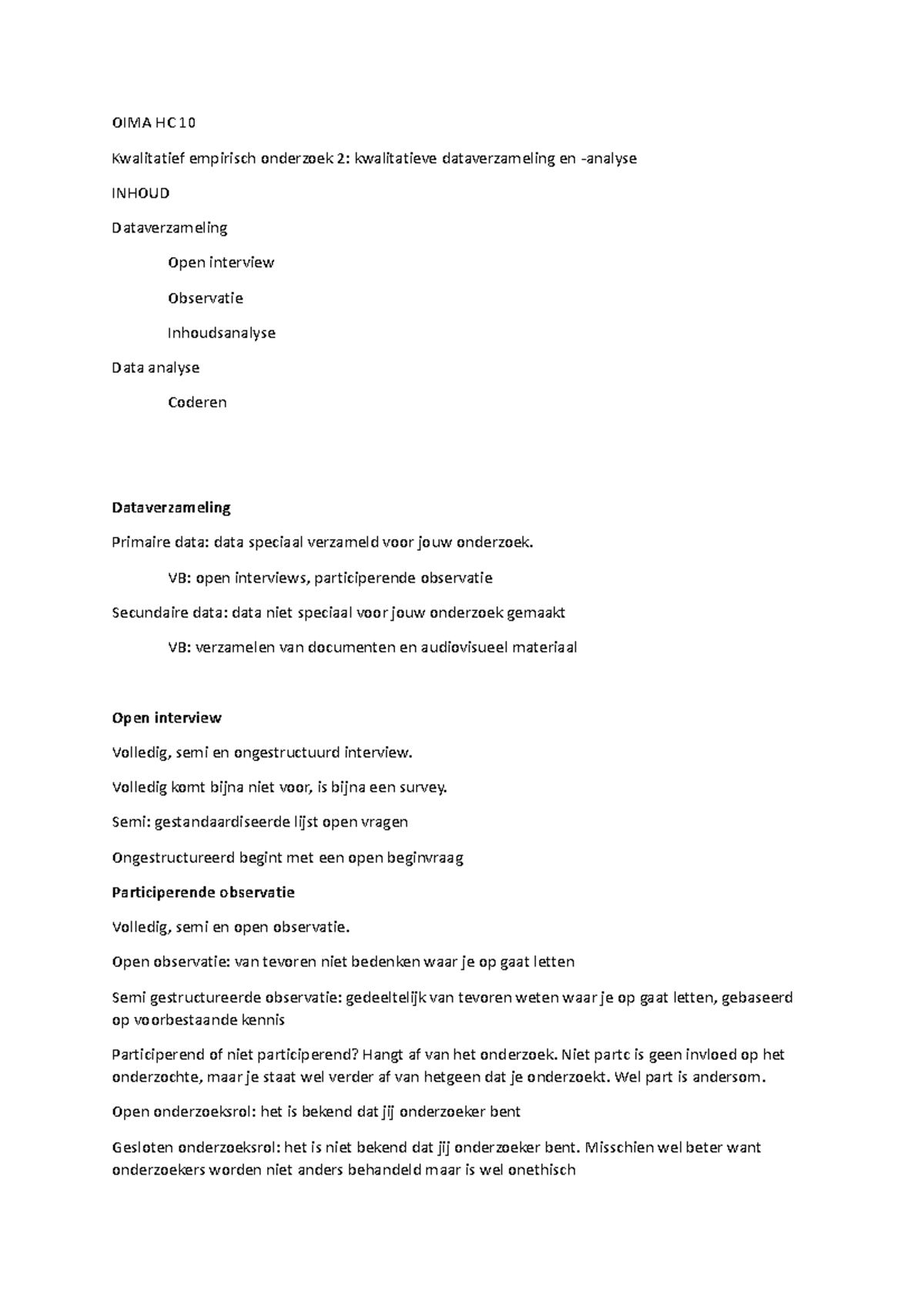 OIMA HC 10 - Samenvatting Kwalitatief Onderzoek en Data-analyse ...