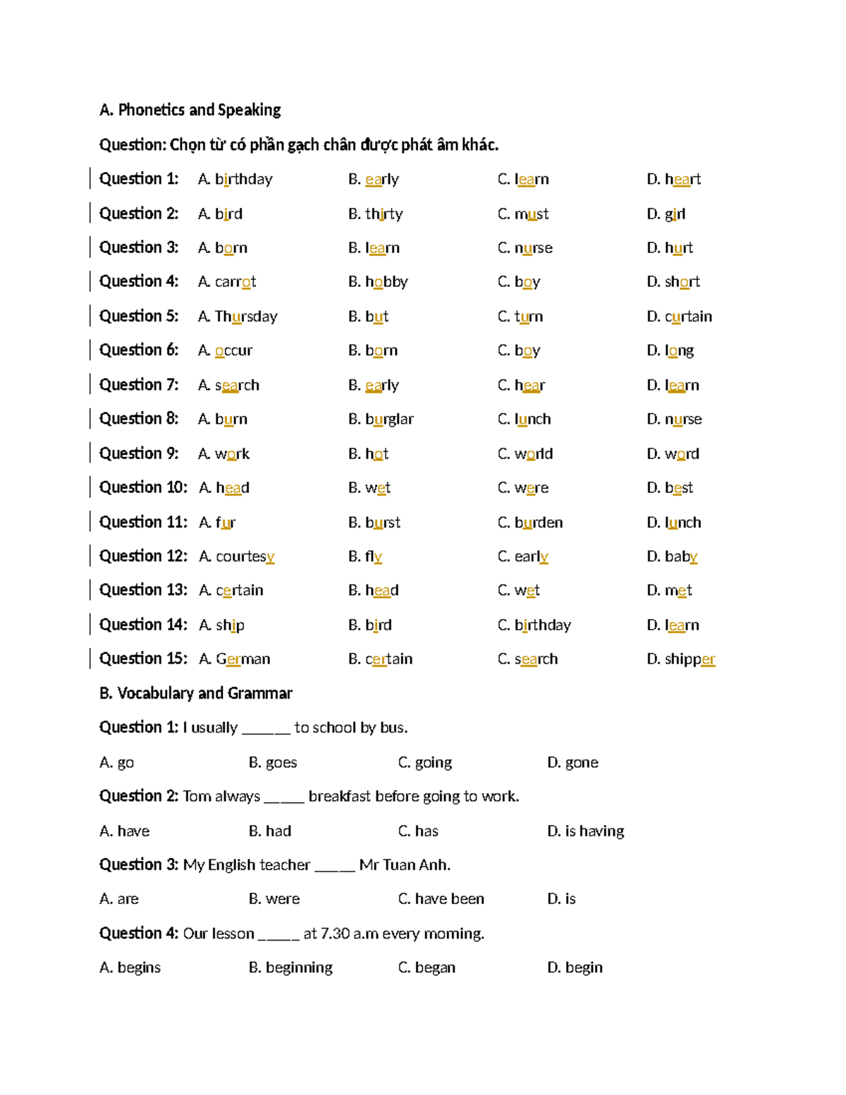 A. Phonetics and Grammar Practice Questions for ESL Learners - Studocu